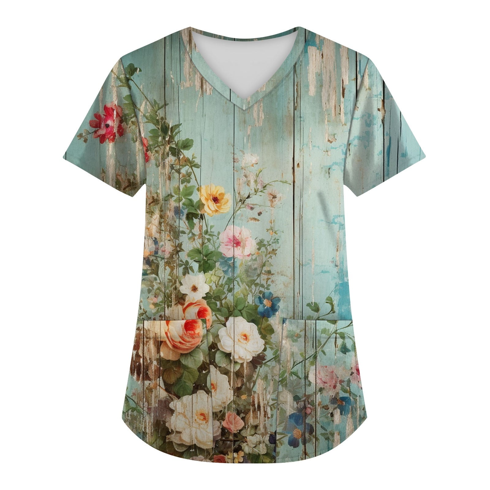 TQWQT Spring Scrubs Top, Summer Floral Print Short Sleeve Blouse Womans ...