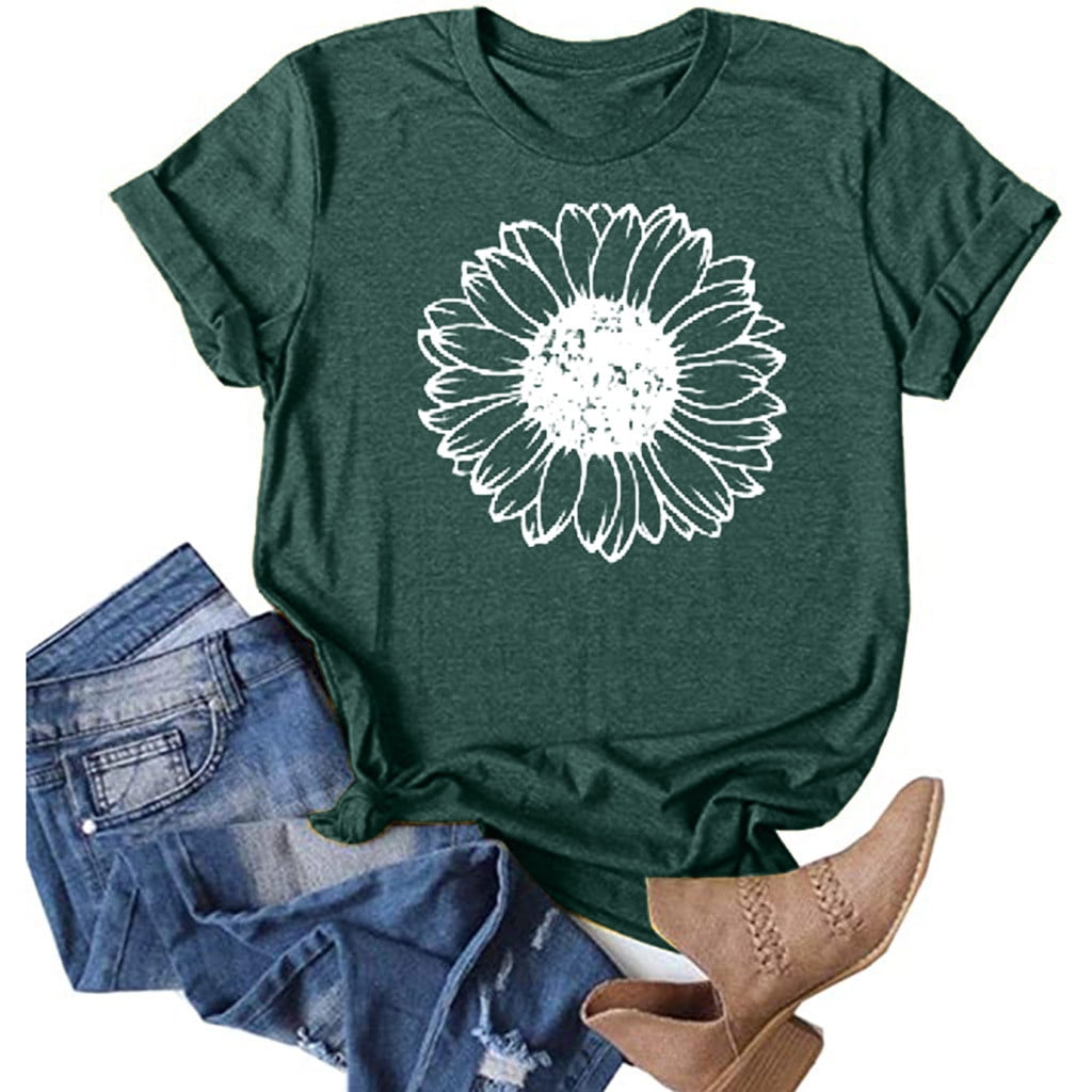 TQWQT Sunflower Shirts for Women Cute Graphic Tee Shirts Letter Print ...