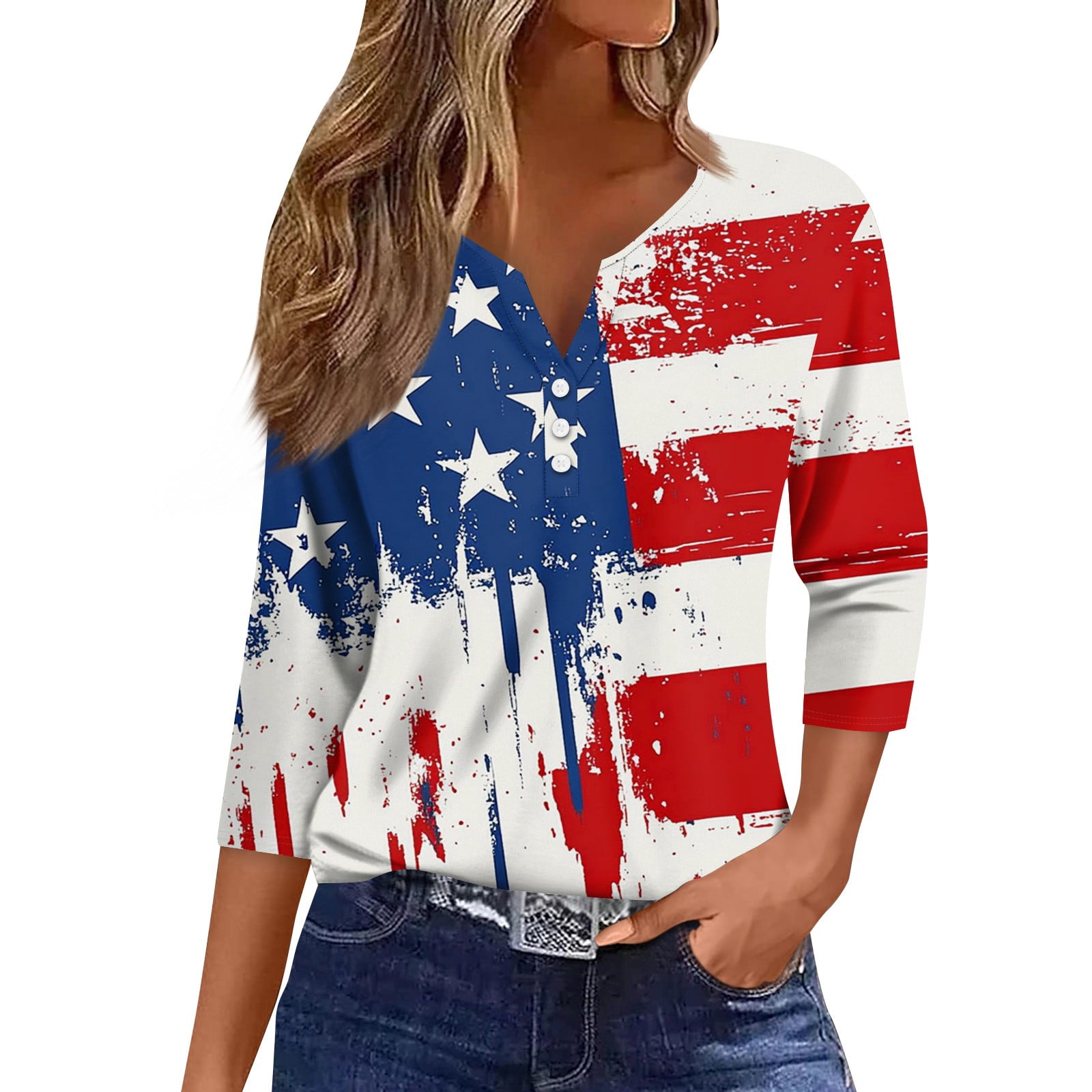 TQWQT V Neck American Flag T Shirts for Women 3/4 Sleeve Button Down ...