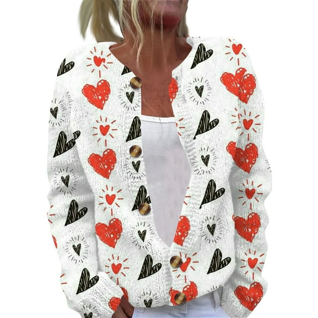 Tqwqt Valentines Day Sweater Women Plus Size Open Front Love Heart Print Cute Sweater Button