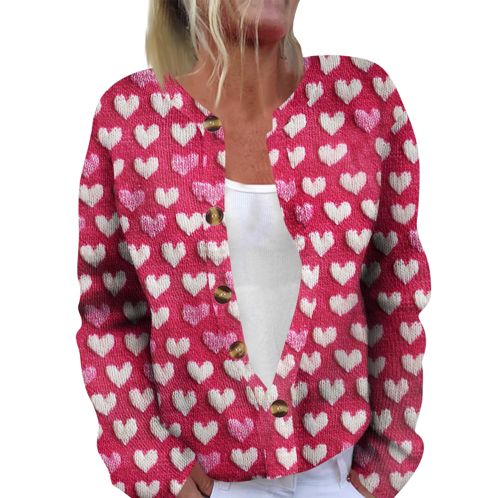 TQWQT Valentines Day Sweaters for Women Open Front Knitted Heart Sweater Love Heart Print Cute ...