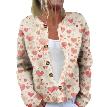 TQWQT Valentines Day Sweater Women 2025 Open Front Love Heart Print Holiday Sweater Button Down ...