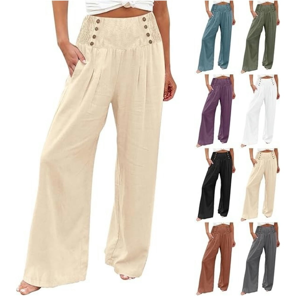 Tqwqt Women Linen Palazzo Pants Summer Casual Beach Boho Wide Leg