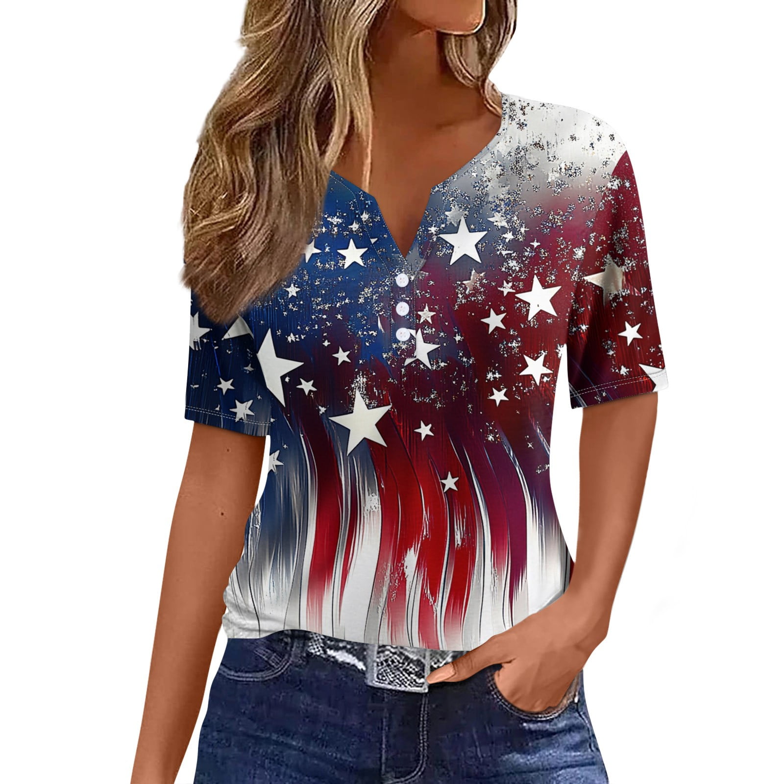 TQWQT Women's American Flag Summer Tops Patriotic V Neck Button Up ...