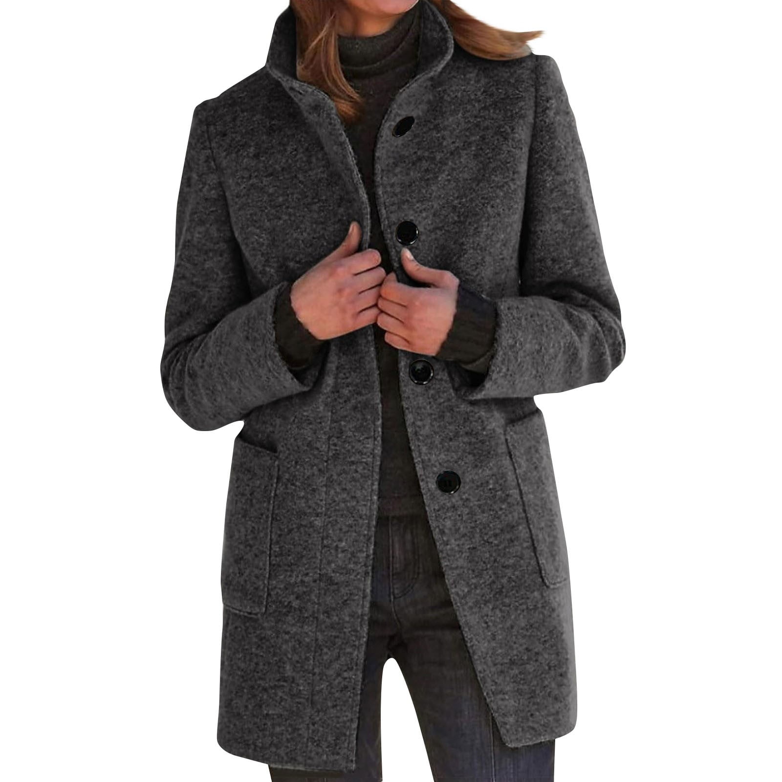 TQWQT Women's Black Pea Coats Clearance Wool Blazer Jacket Long Stand ...