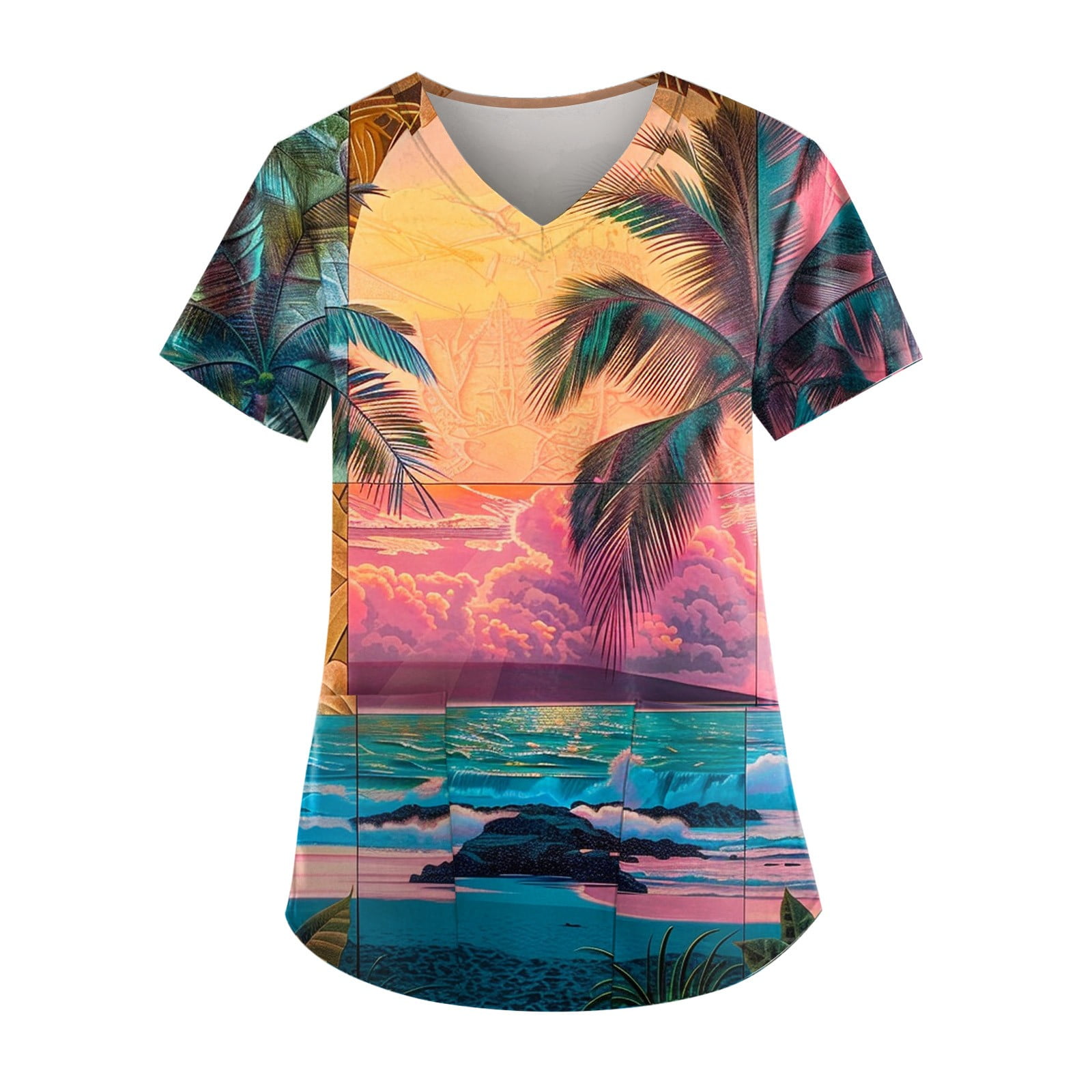 TQWQT Women's Floral Tropical Scrubs Tops Short Sleeve V Neck Beach ...