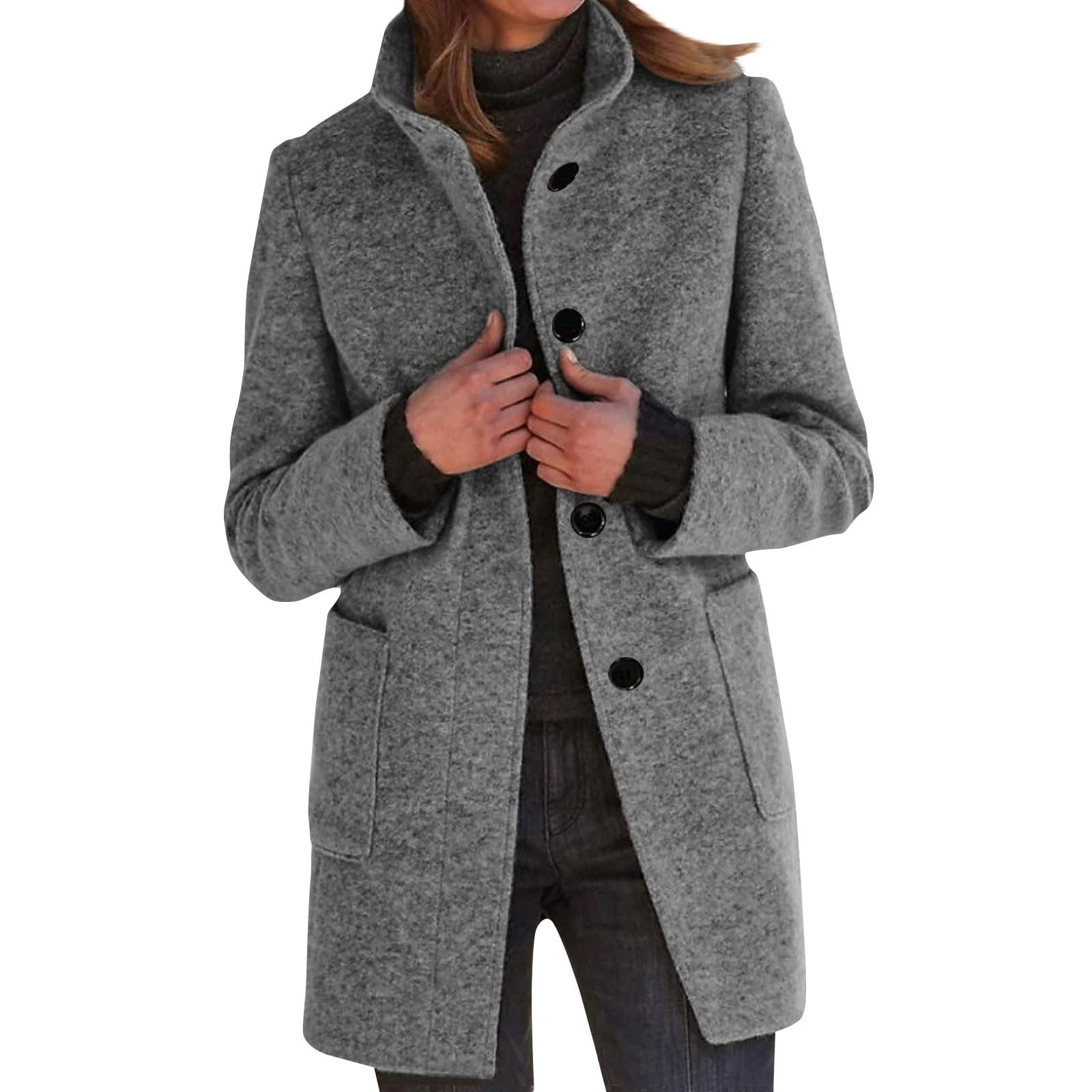 TQWQT Women's Pea Coats Clearance Wool Black Jacket Stand Collar Plus ...