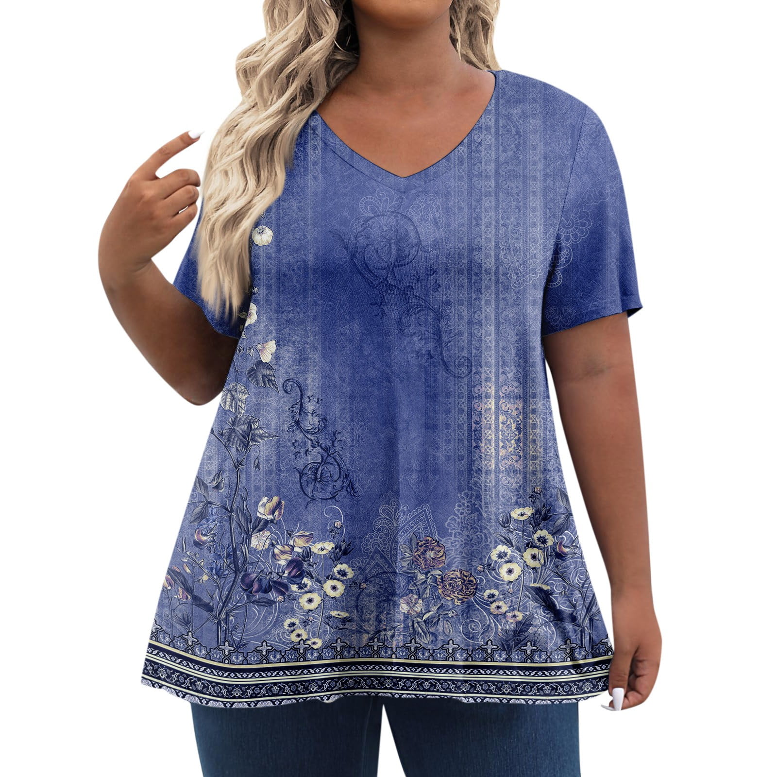 TQWQT Women's Plus Size Tops Cute Summer Floral Top Womens V Neck Tunic ...