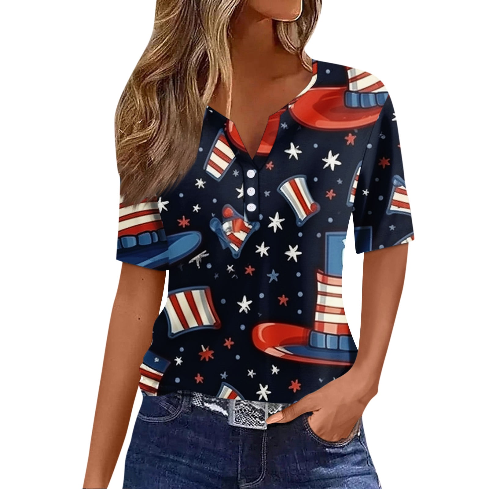 TQWQT Womens American Flag Summer Tops V-Neck Short Sleeve Buttons ...