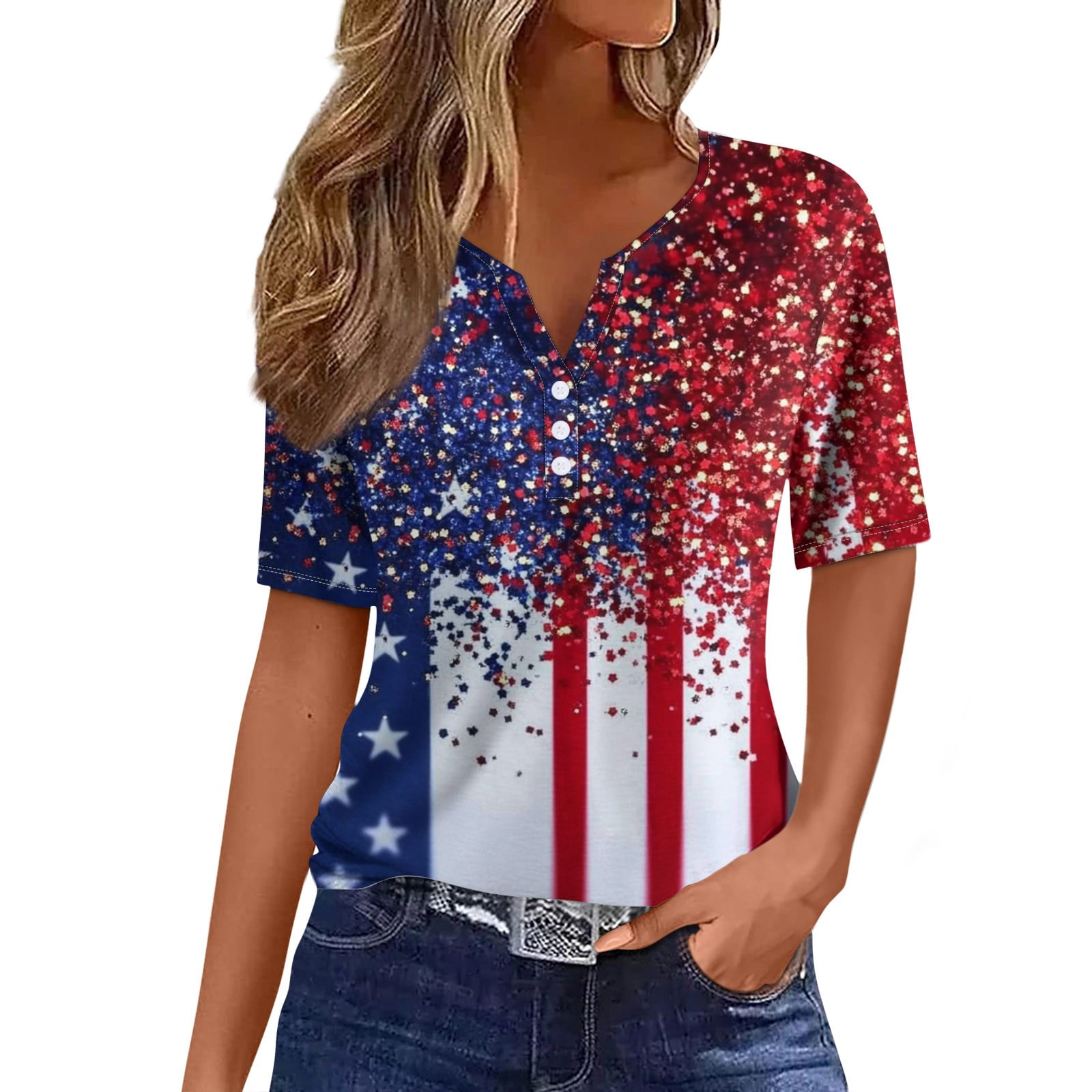 TQWQT Womens American Flag Tops Patriotic Vneck Button Down Short ...