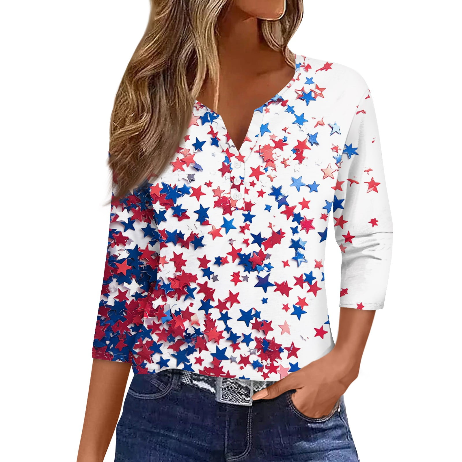 TQWQT Womens American Flag Tops Summer Patriotic 3/4 Sleeve Blouse ...