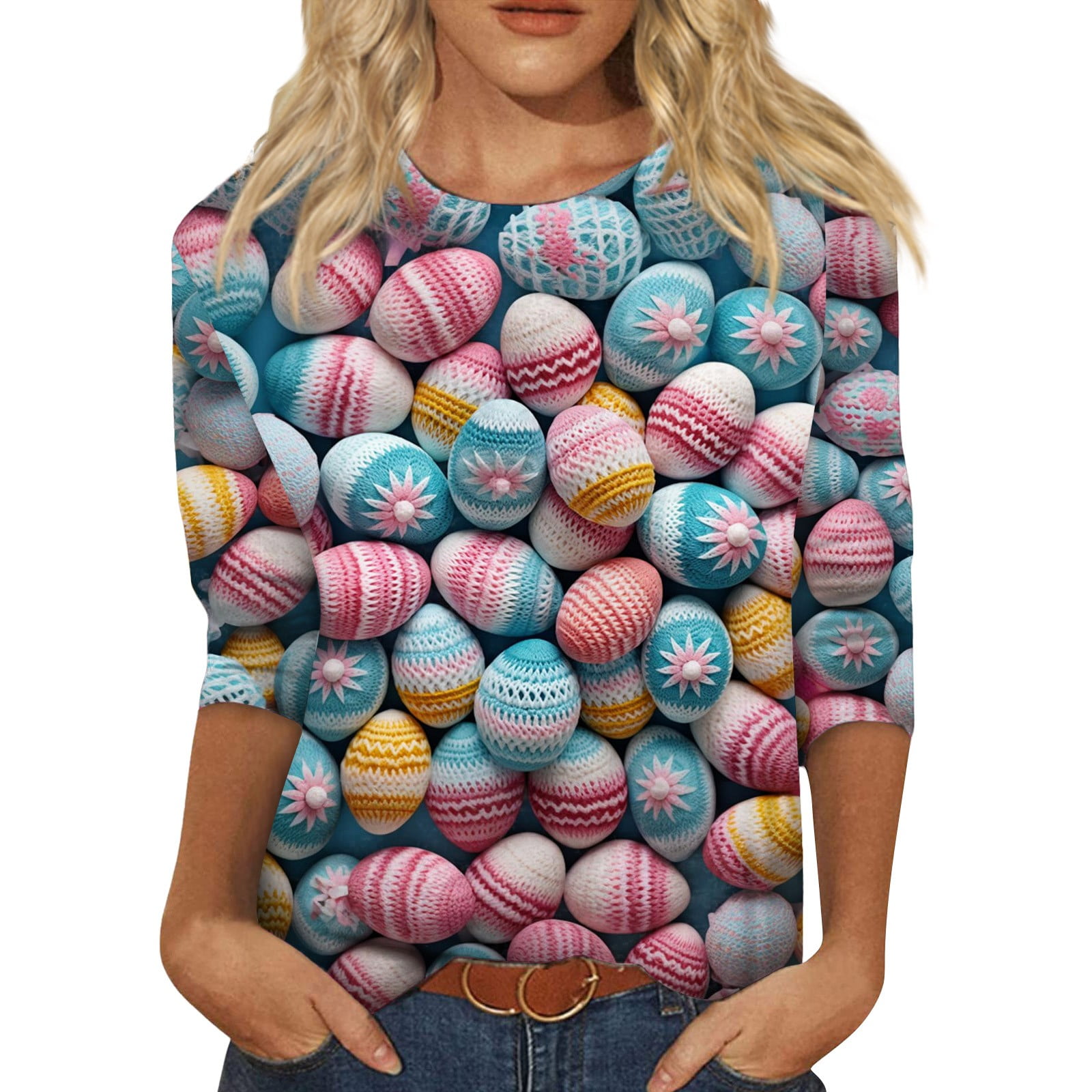 TQWQT Womens Easter Day Tops 3/4 Sleeve Spring Easter 3D Bunny Graphic ...
