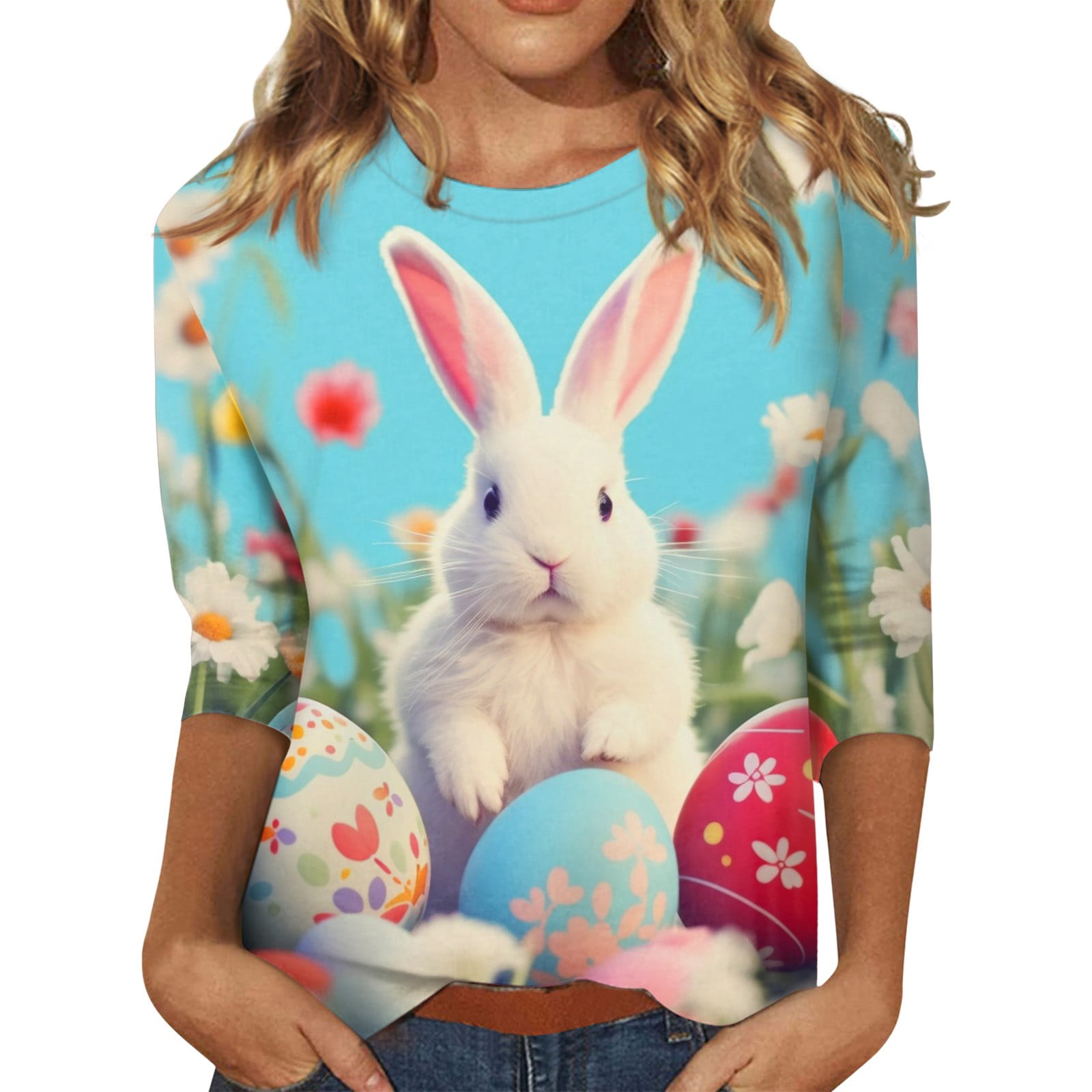 TQWQT Womens Happy Easter Tops 2024,3/4 Length Sleeve Shirts Easter ...