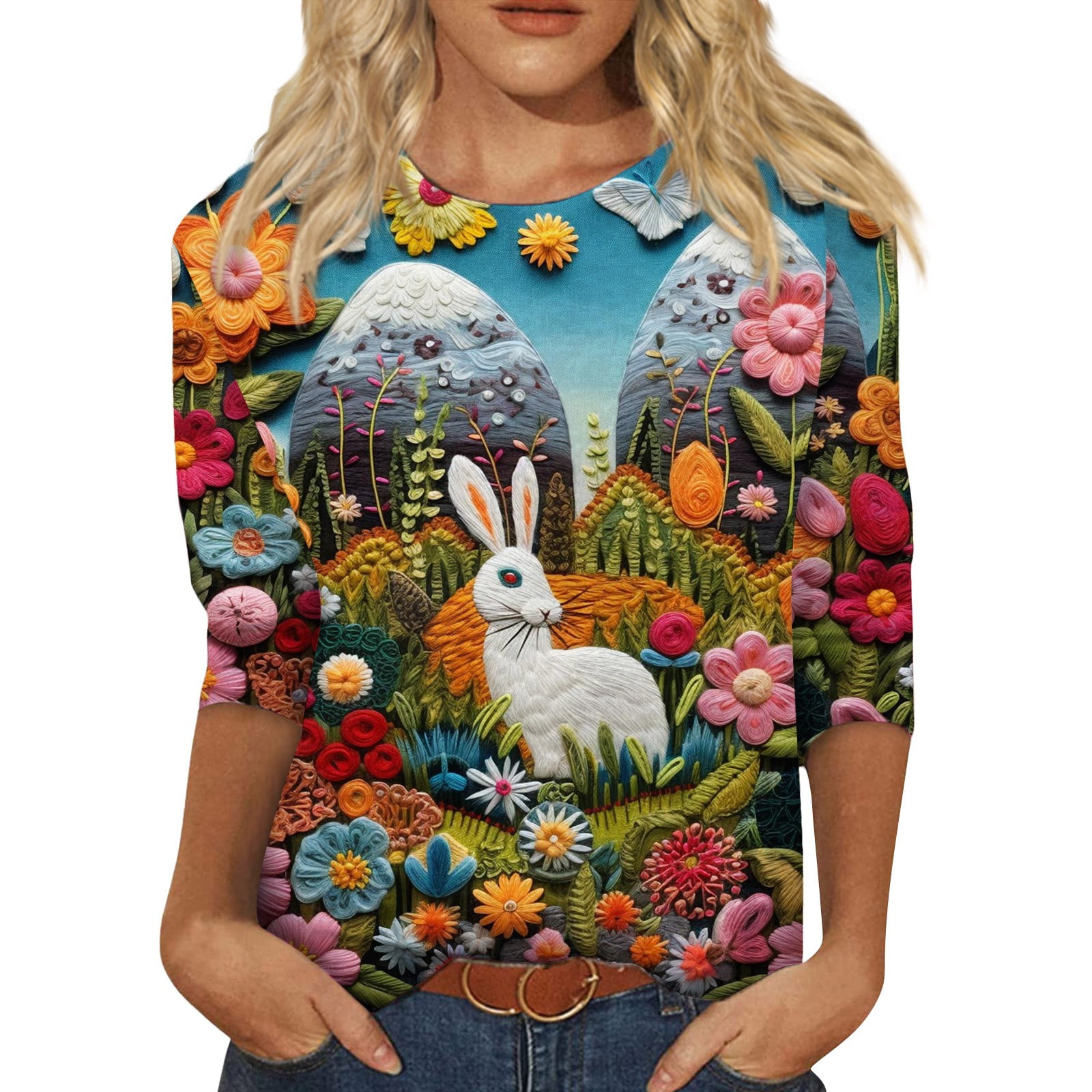 TQWQT Womens Happy Easter Tops 3/4 Sleeve Spring Easter 3D Bunny ...