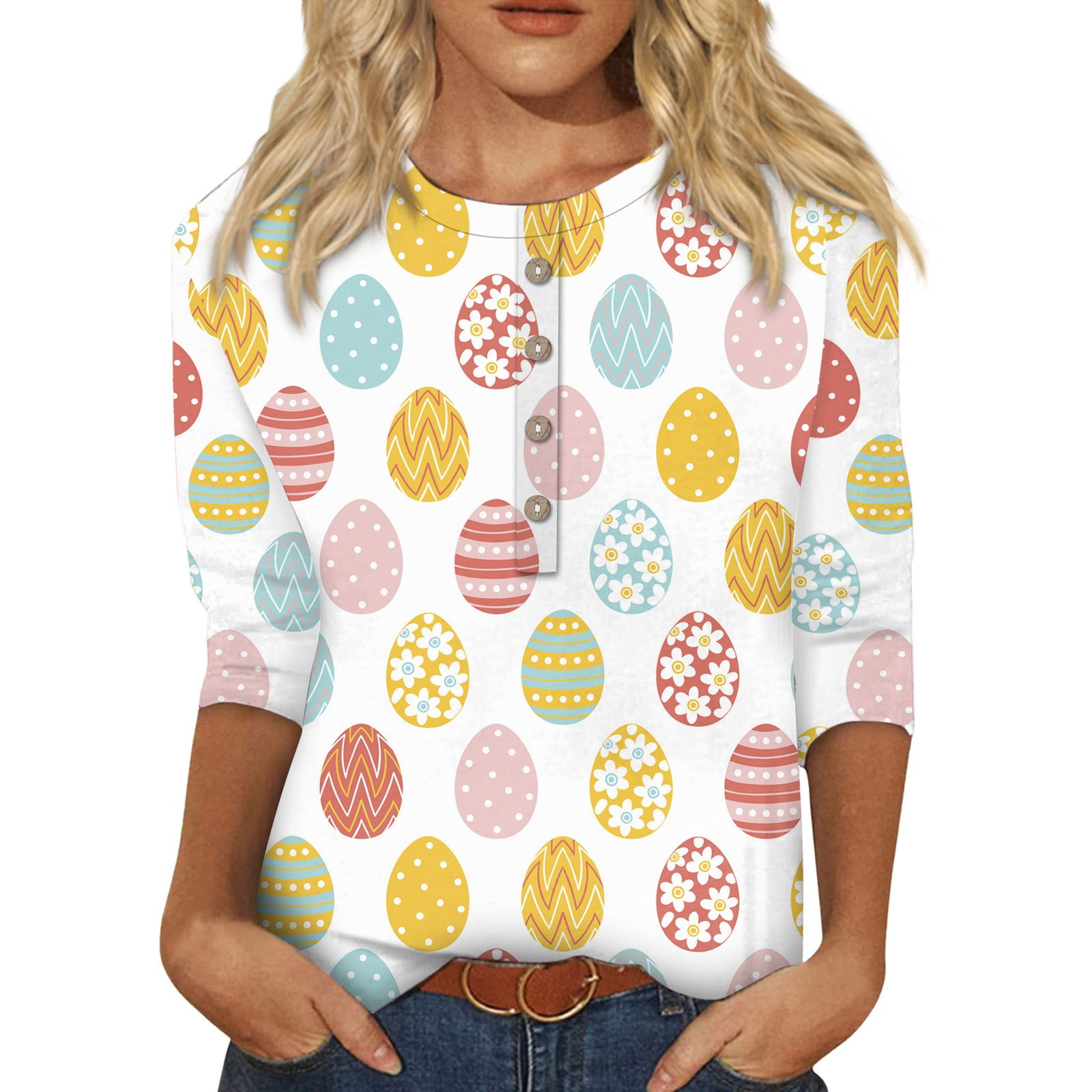 TQWQT Womens Happy Easter Tops 3/4 Sleeve Spring Easter Bunny Graphic ...