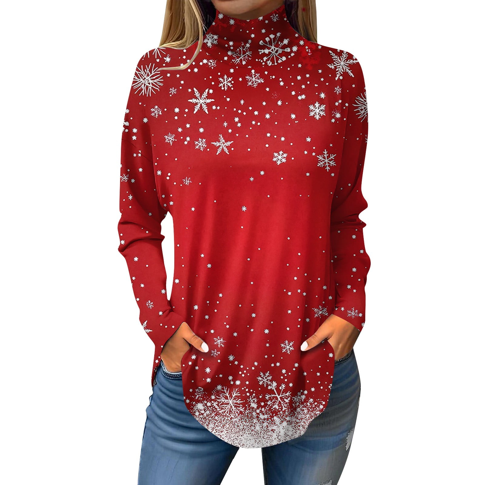 Tqwqt High Neck Tops For Women Long Sleeve Xmas Tree Snowflake Printed Curved Hem Graphic Tee