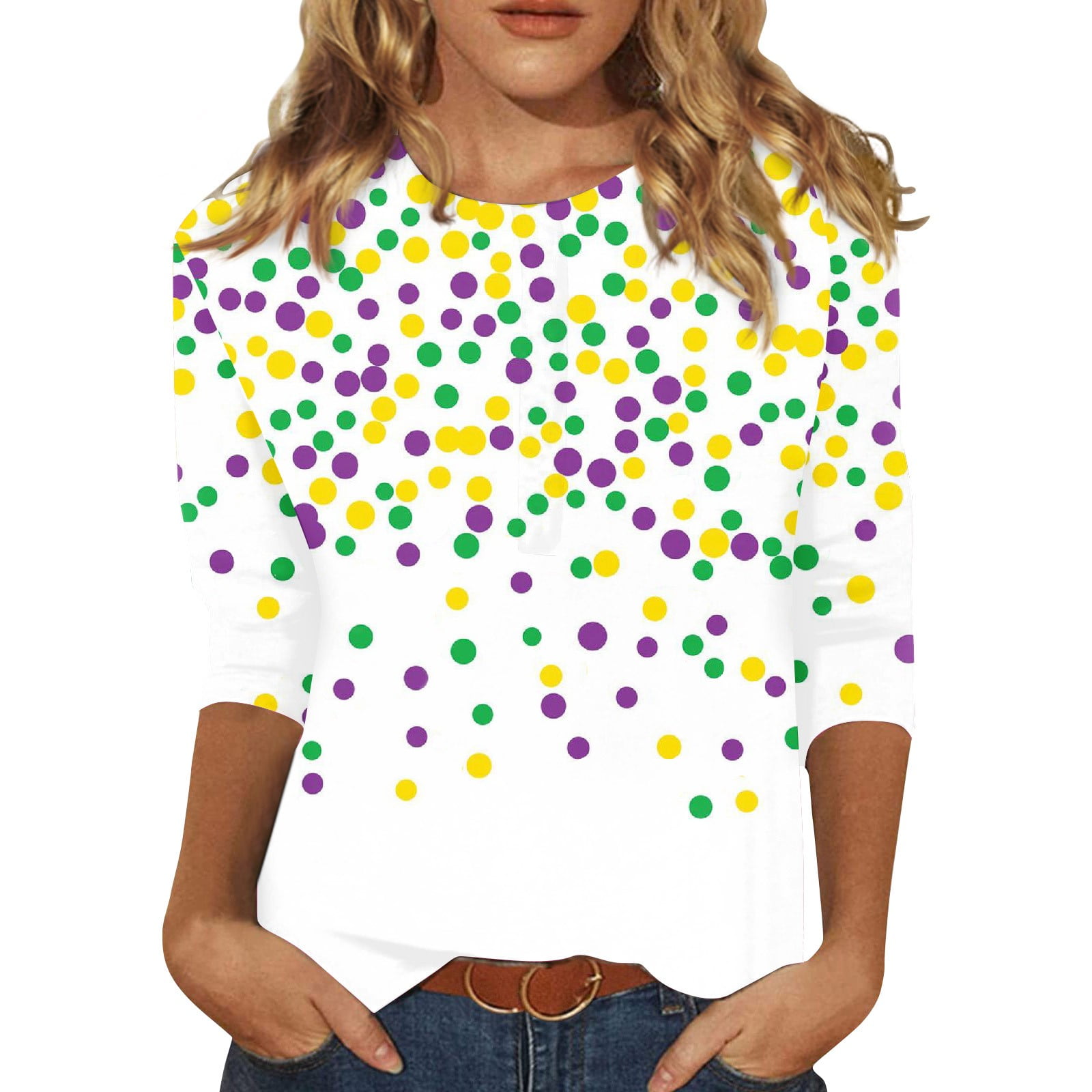 TQWQT Womens Mardi Gras Tops 3/4 Sleeve Spring Carnival Mask Graphic ...