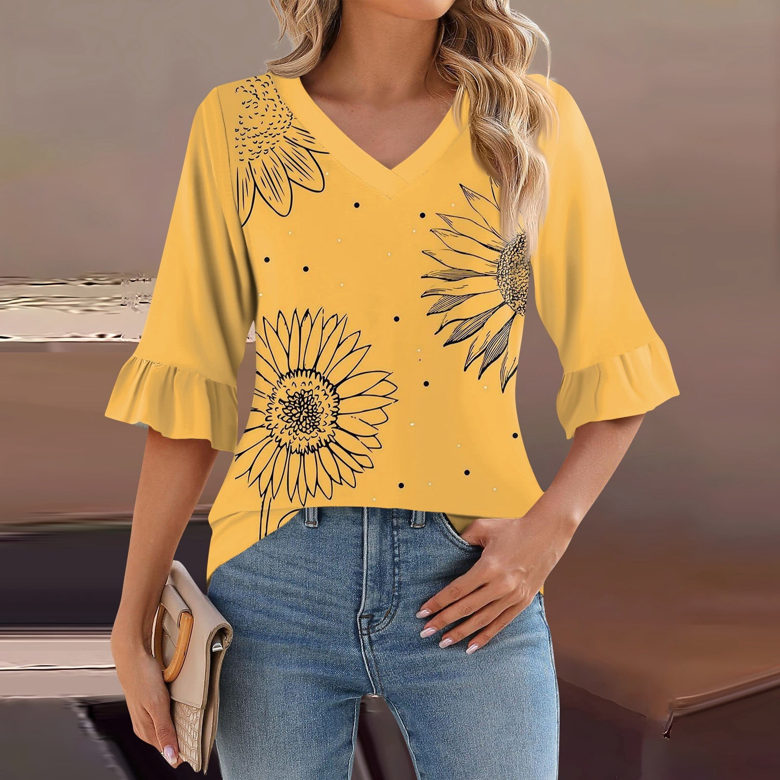 TQWQT Womens Peasant Tops 3/4 Length Sleeve V-Neck Floral Blouses Loose ...