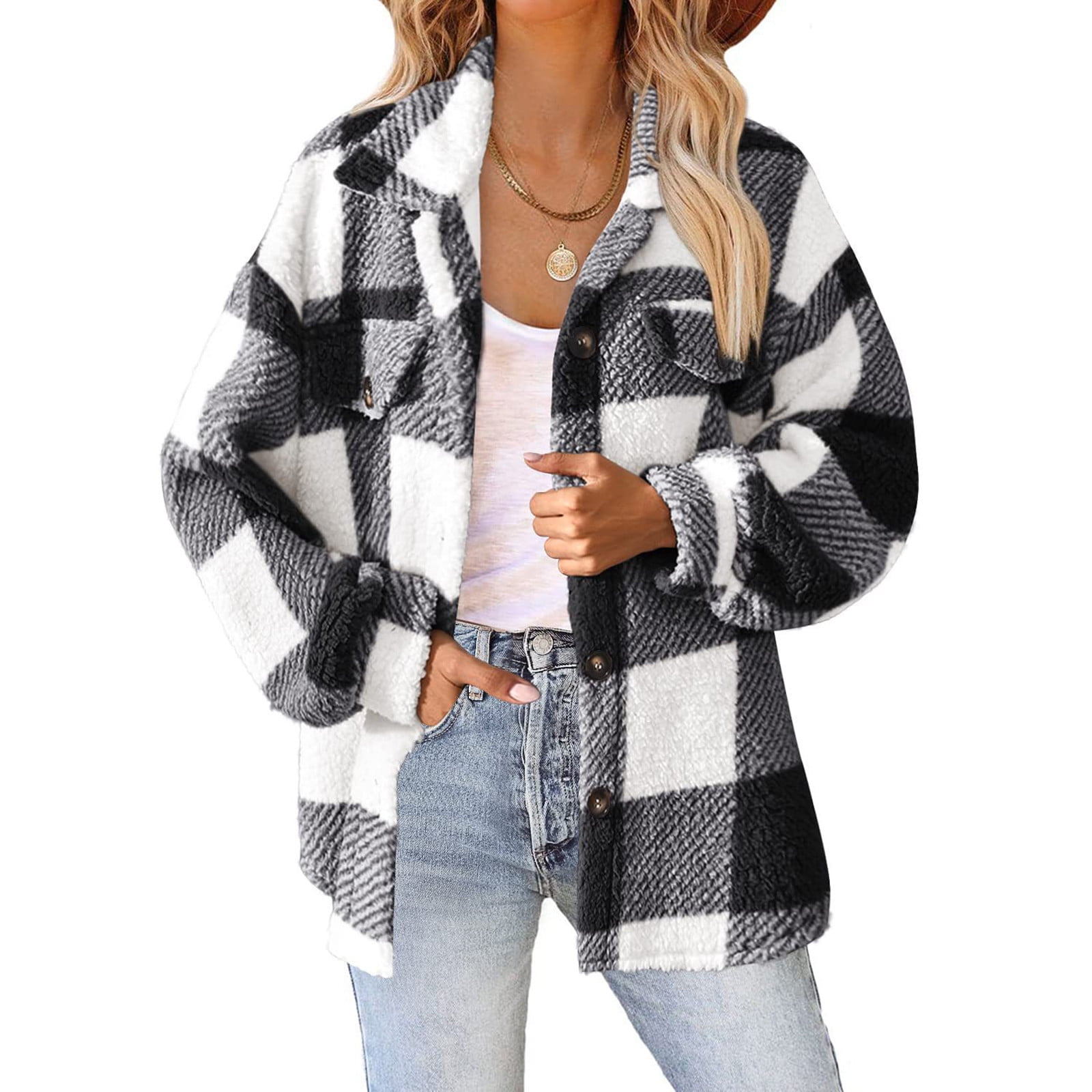TQWQT Womens Plaid Sherpa Jacket Fuzzy Fleece Button Down Shirt Jacket ...