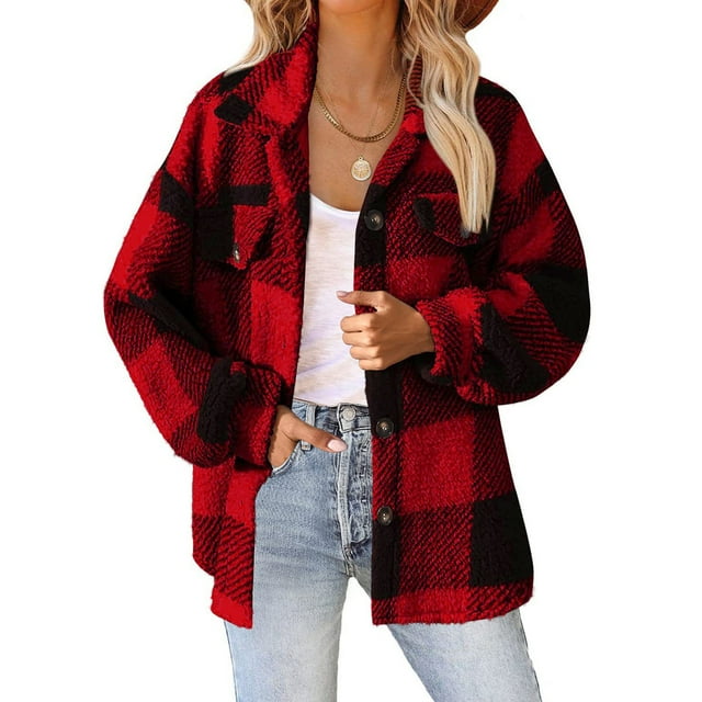 TQWQT Womens Plaid Sherpa Jacket Fuzzy Fleece Button Down Shirt Jacket ...