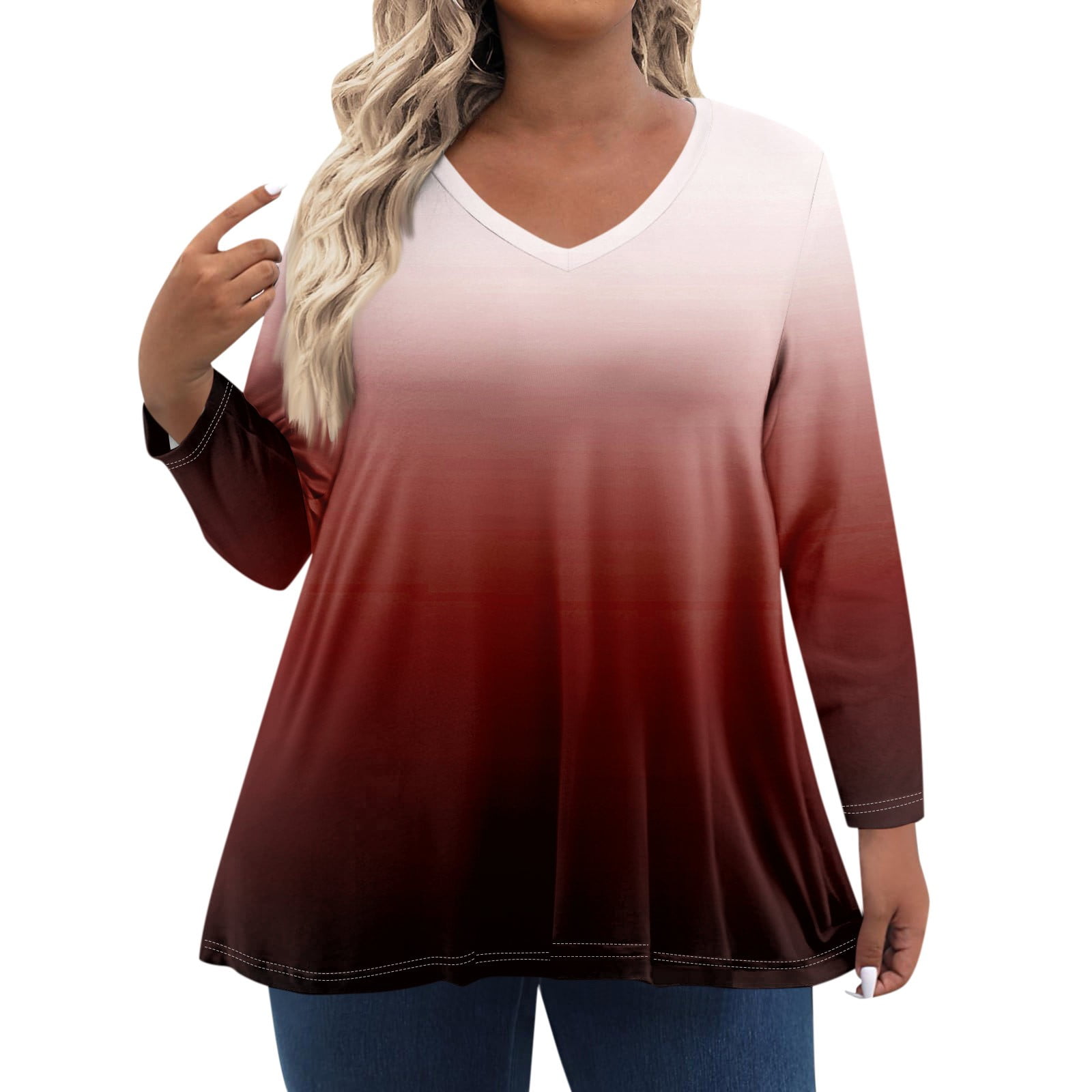 TQWQT Womens Plus Size Fall Tops 2024 4x-5x V Neck Shirts Gradient ...