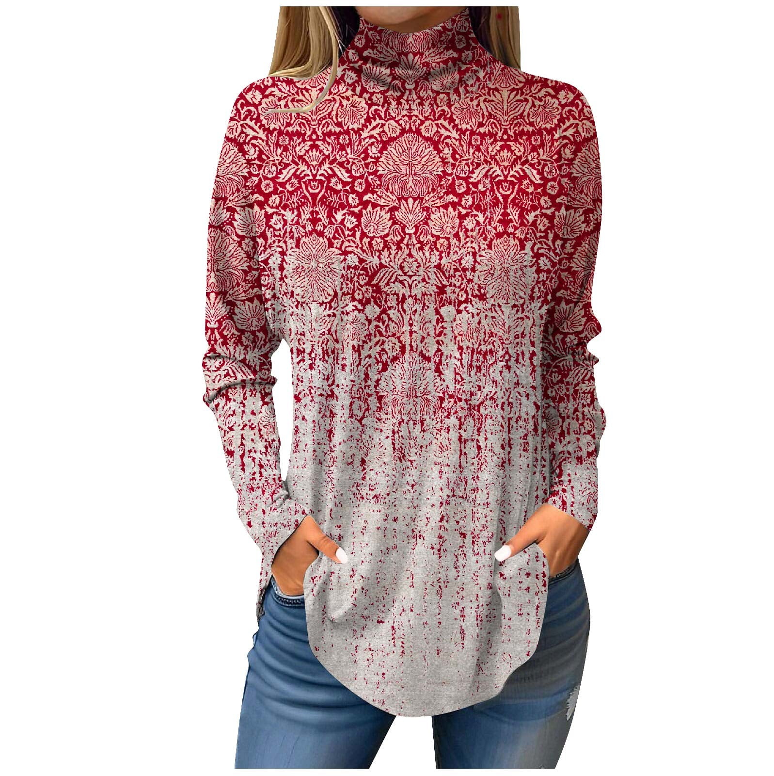 TQWQT Plus Size Mock Turtleneck for Women Loose Fit Floral Print Tunic ...