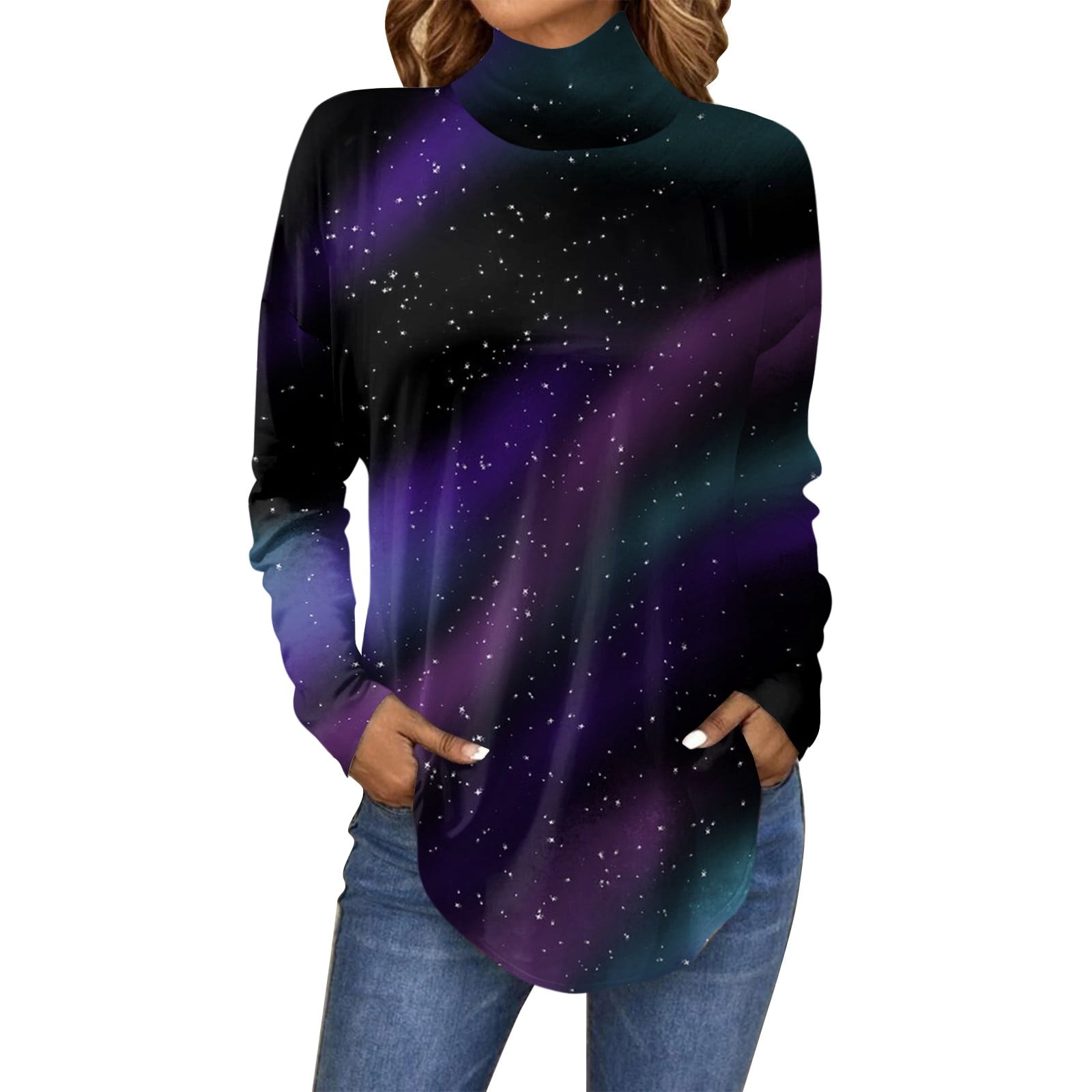 TQWQT Plus Size Mock Turtleneck for Women Long Sleeve Floral Curved Hem ...