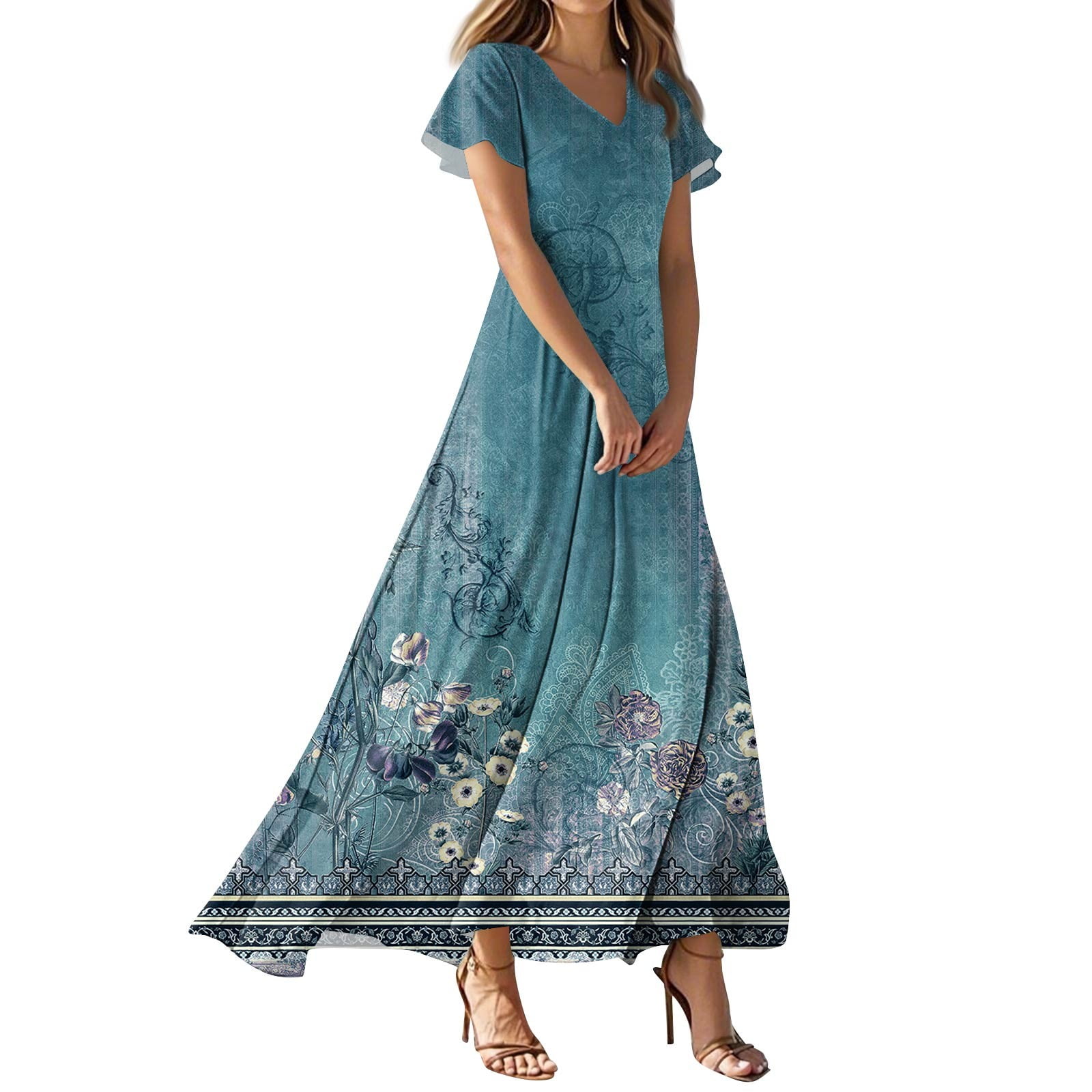 TQWQT Womens Plus Size Spring Dress Floral V-neck Short Sleeve Elegant ...