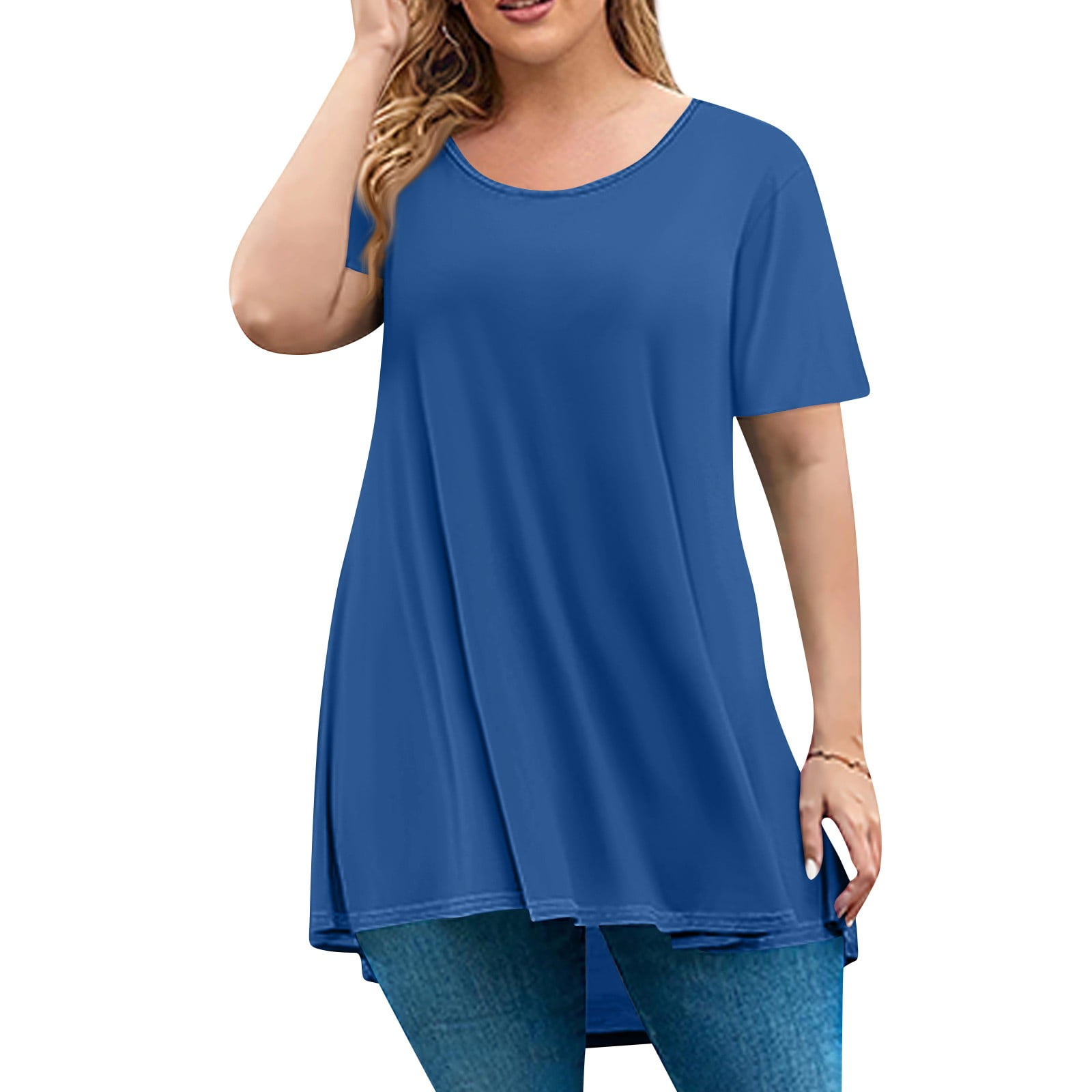 TQWQT Womens Plus Size Summer Tops 2024 4x-5x Crew Neck T Shirts Solid ...