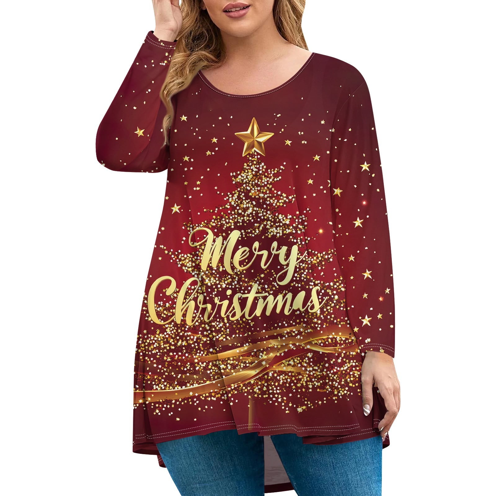 TQWQT Christmas Womens Plus Size Tops 4x-5x Cute Plus Size Tops Crew ...