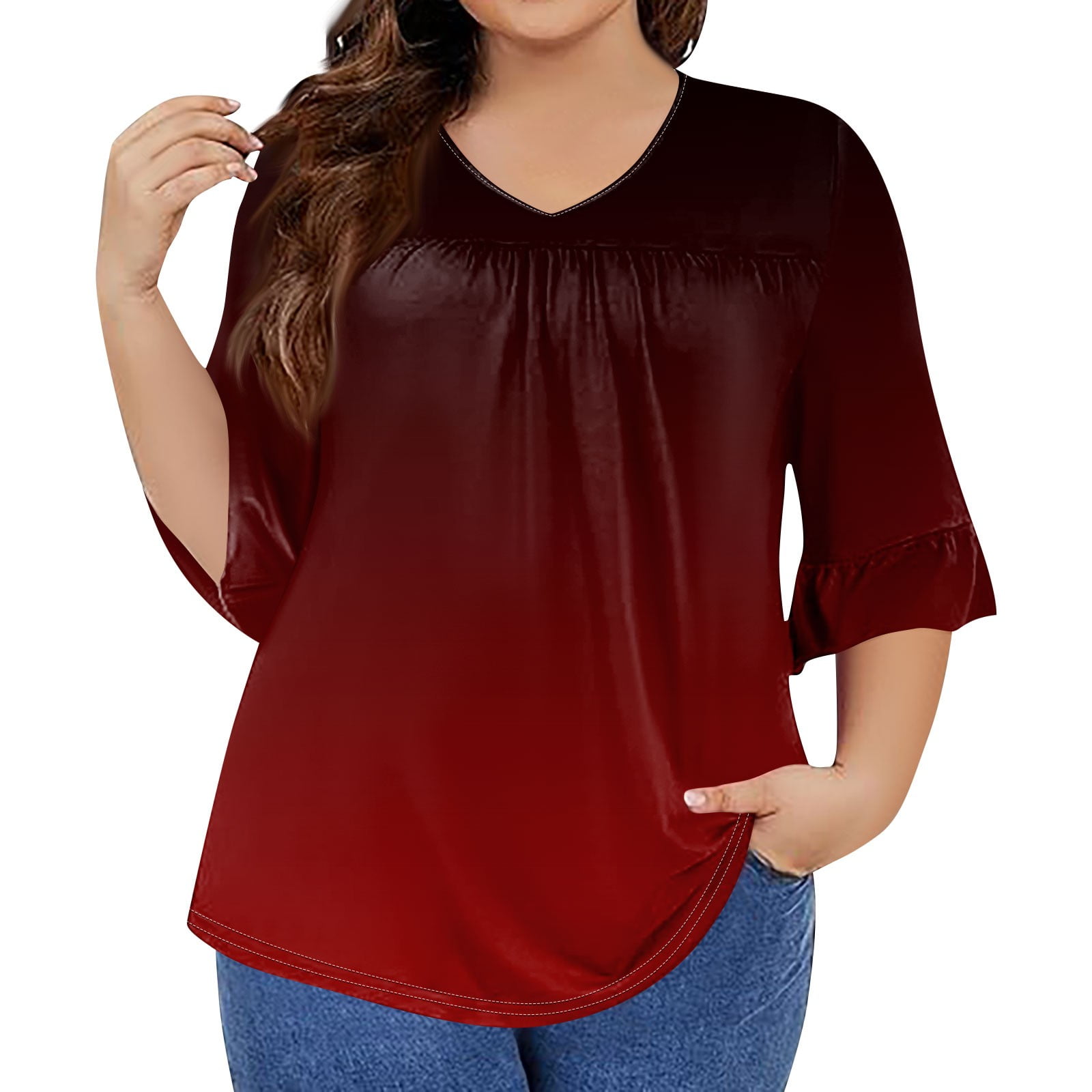 TQWQT Womens Plus Size Tops 4x-5x Summer Ruffle 3/4 Sleeve Tees Color ...