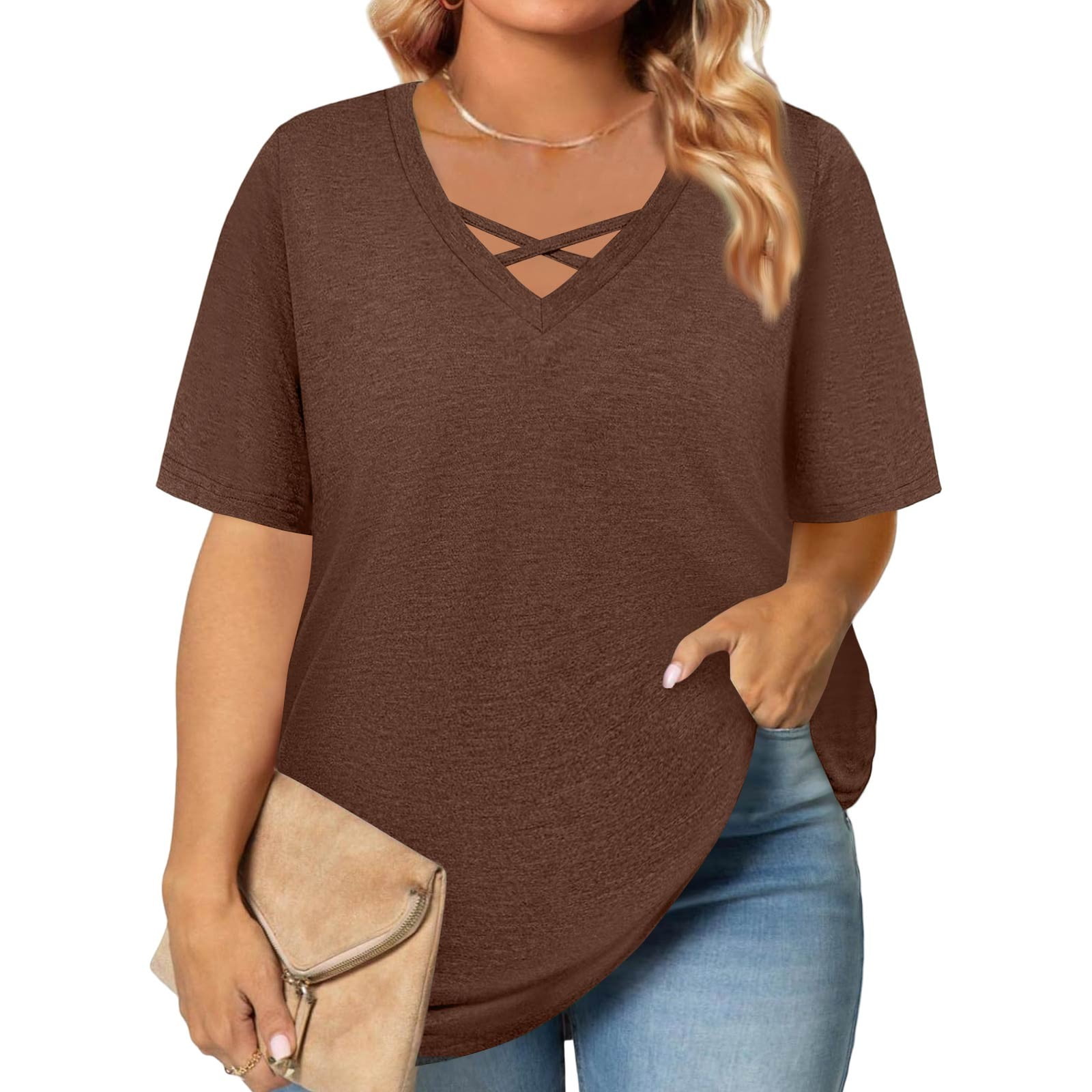 TQWQT Womens Plus Size Tops Loose Casual Cute Tunics V Neck Criss Cross ...