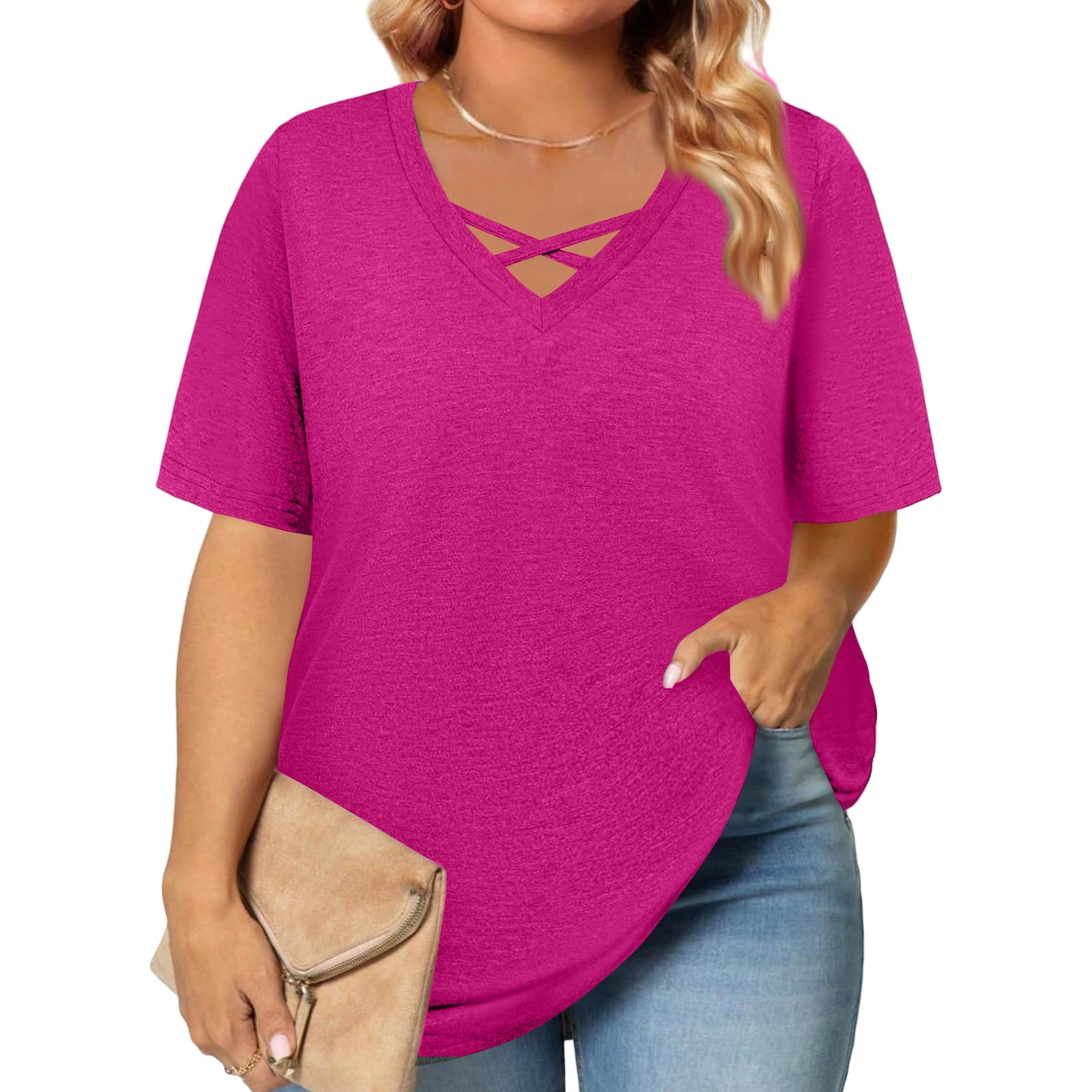 TQWQT Womens Plus Size Tops Loose Summer Cute Tunics Short Sleeve V ...