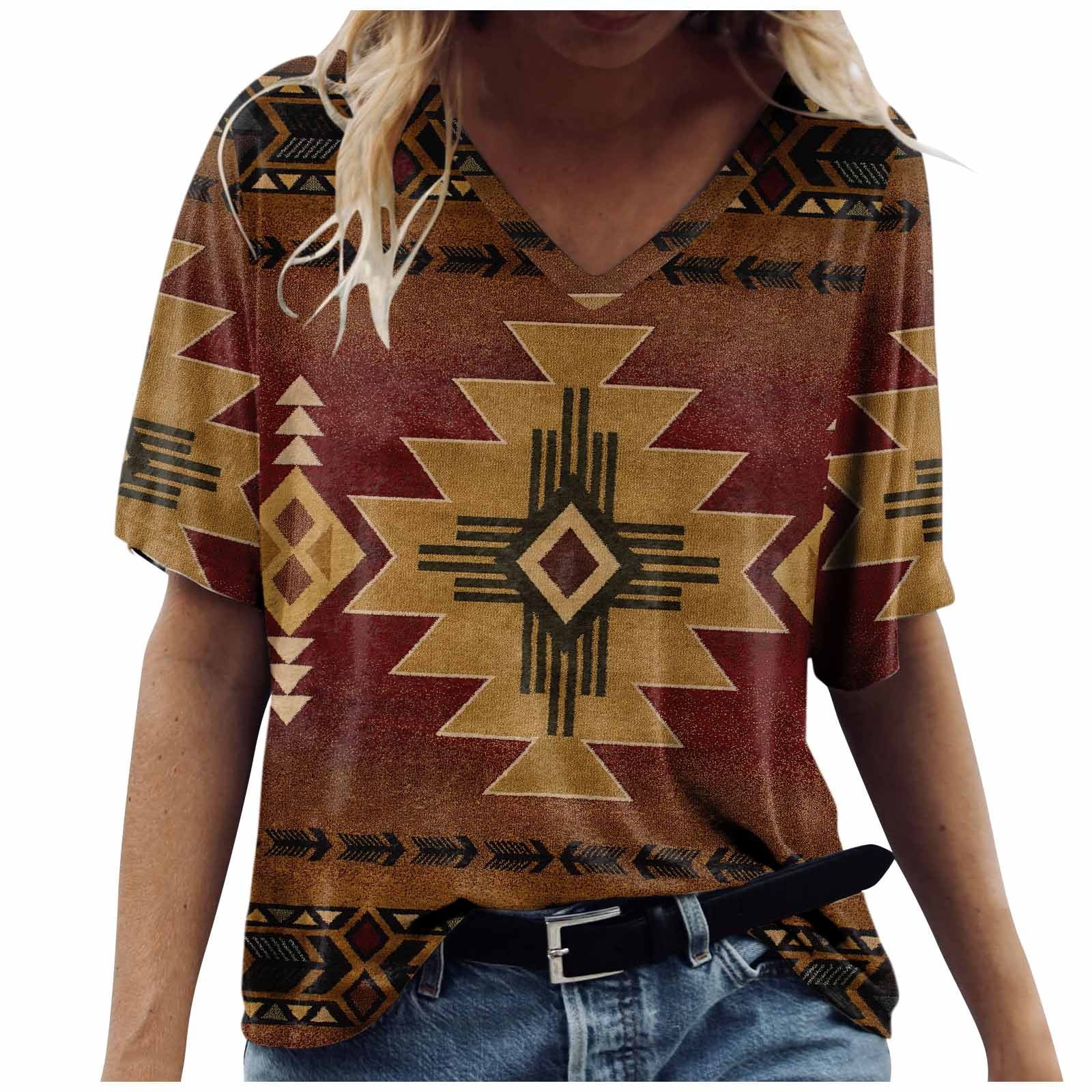 TQWQT Womens T Shirts Loose Fit Western Tribal Ethnic Shirt Aztec Print ...