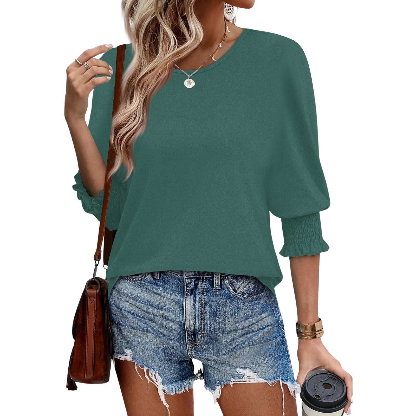 TQWQT Womens Tops Dressy Casual Round Neck 3/4 Sleeve Summer Tops Plus ...