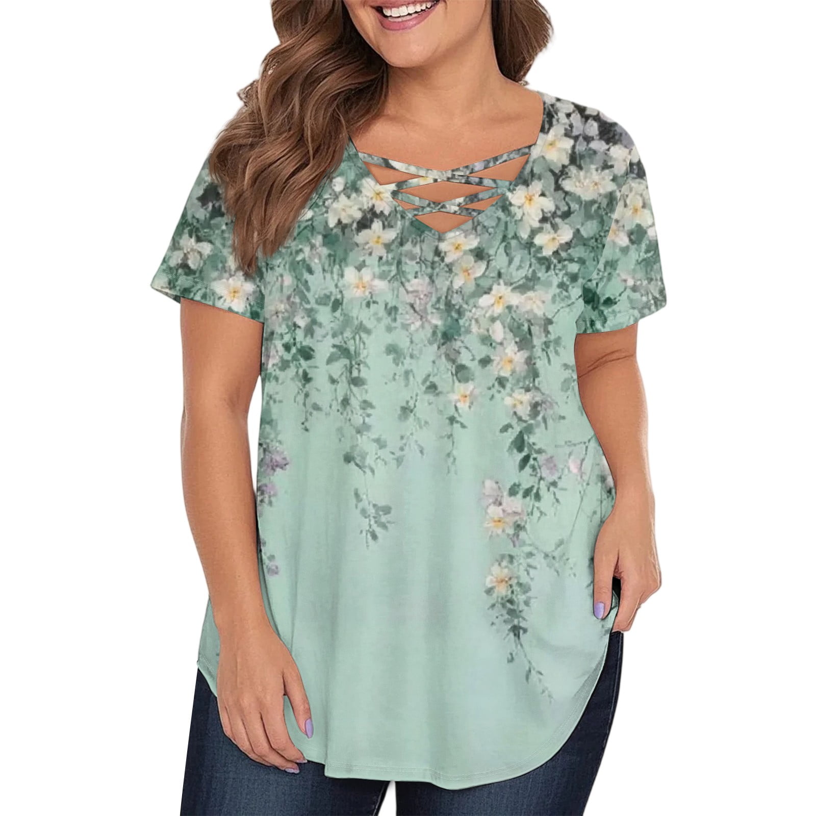 TQWQT Womens Tops Plus Size 4x-5x Trendy Short Sleeve Shirts Floral ...