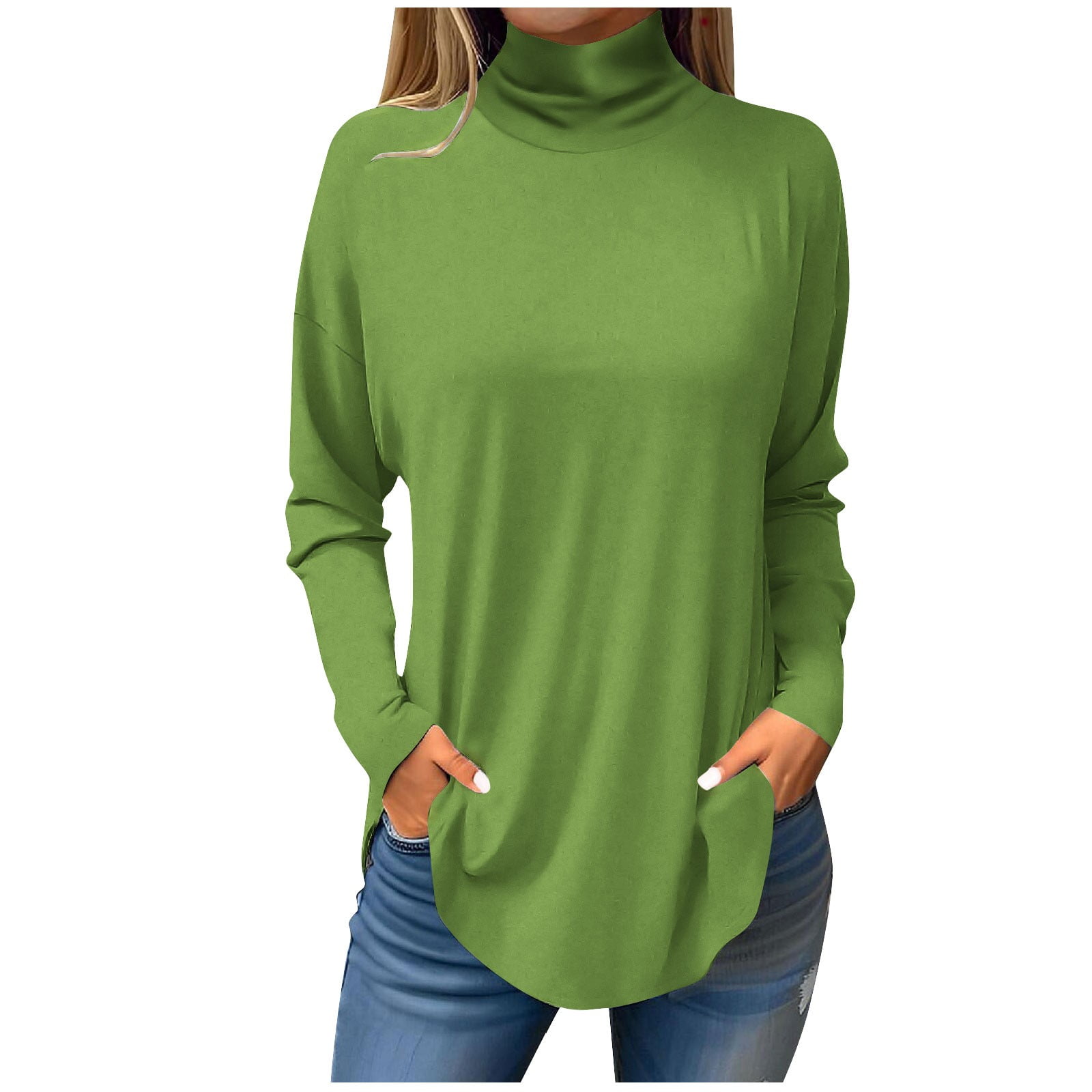 TQWQT Turtle Necks Tops for Women Long Sleeve Solid Color Curved Hem ...