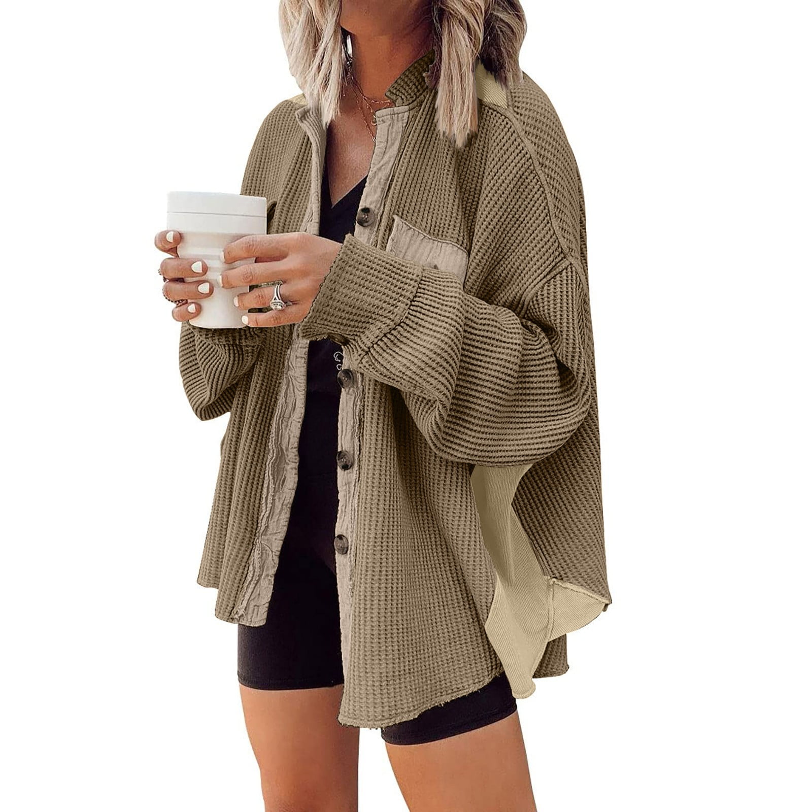 Tqwqt Womens Waffle Knit Shacket Jacket Casual Long Sleeve Button Down