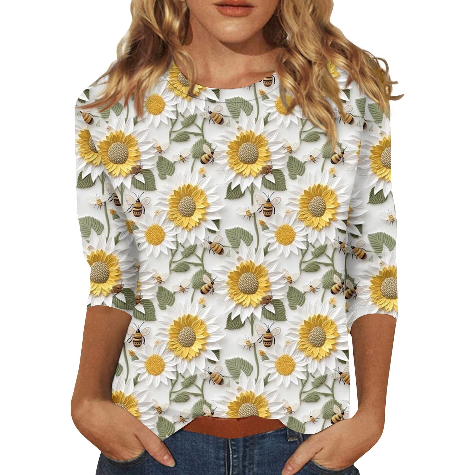 TQWQT World Bee Day Print Women Tops Dressy Casual 3/4 Sleeve Loose ...