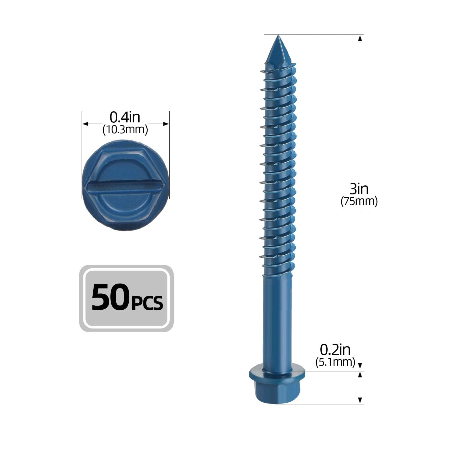 TRA-1/4" x 3" Concrete Screws, 50 PCS Blue Hex Washer Head Concrete ...