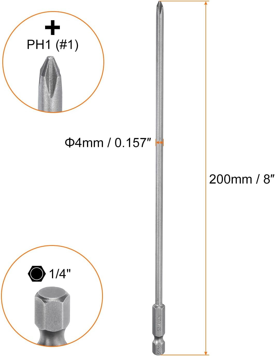 TRA-#1 Phillips Screwdriver Bit PH1 1/4" Hex Shank 8" (200mm) Long ...