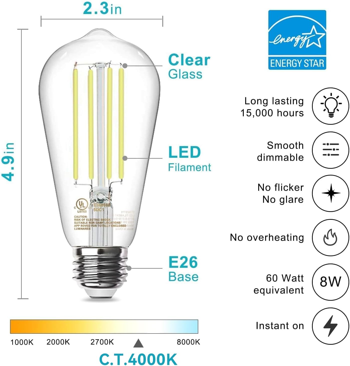 TRA-10 Pack E26 Base Vintage LED Edison Light Bulbs, 60W Equivalent ...
