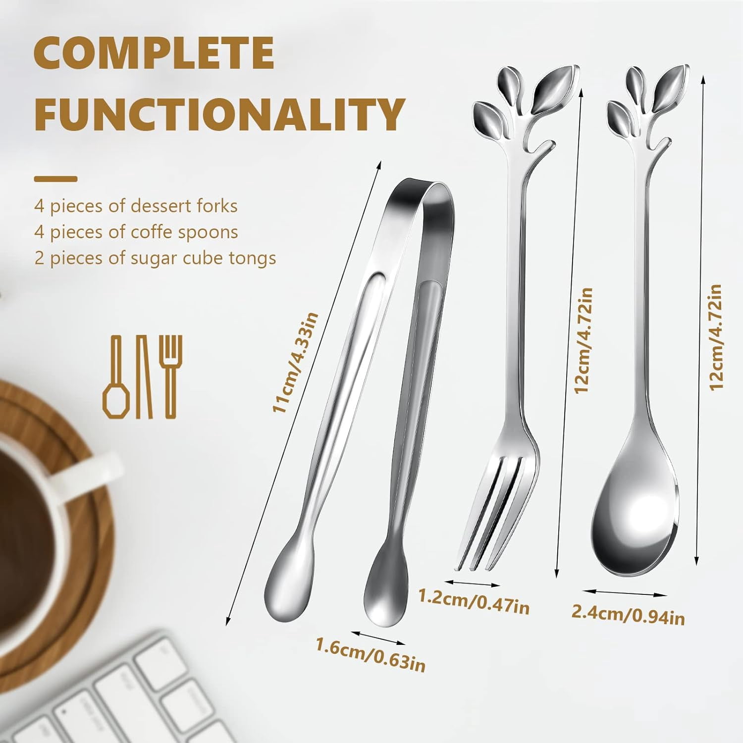 TRA-10 Pieces Leaf Coffee Spoons, Mini Serving Tongs and Appetizer Forks Stainless Steel Sugar ...