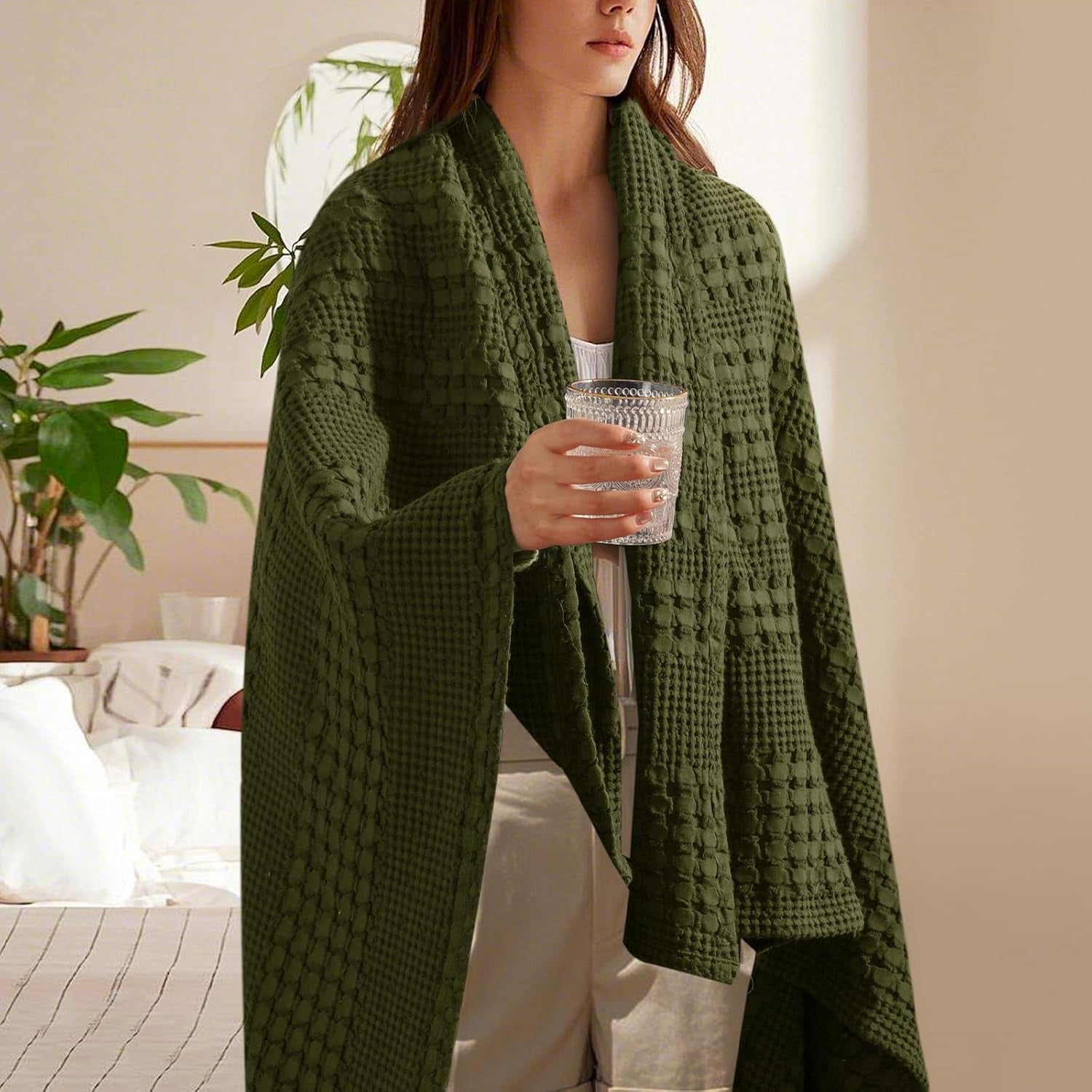 TRA-100% Cotton Waffle Weave Throw Blanket, Soft Lightweight Breathable ...