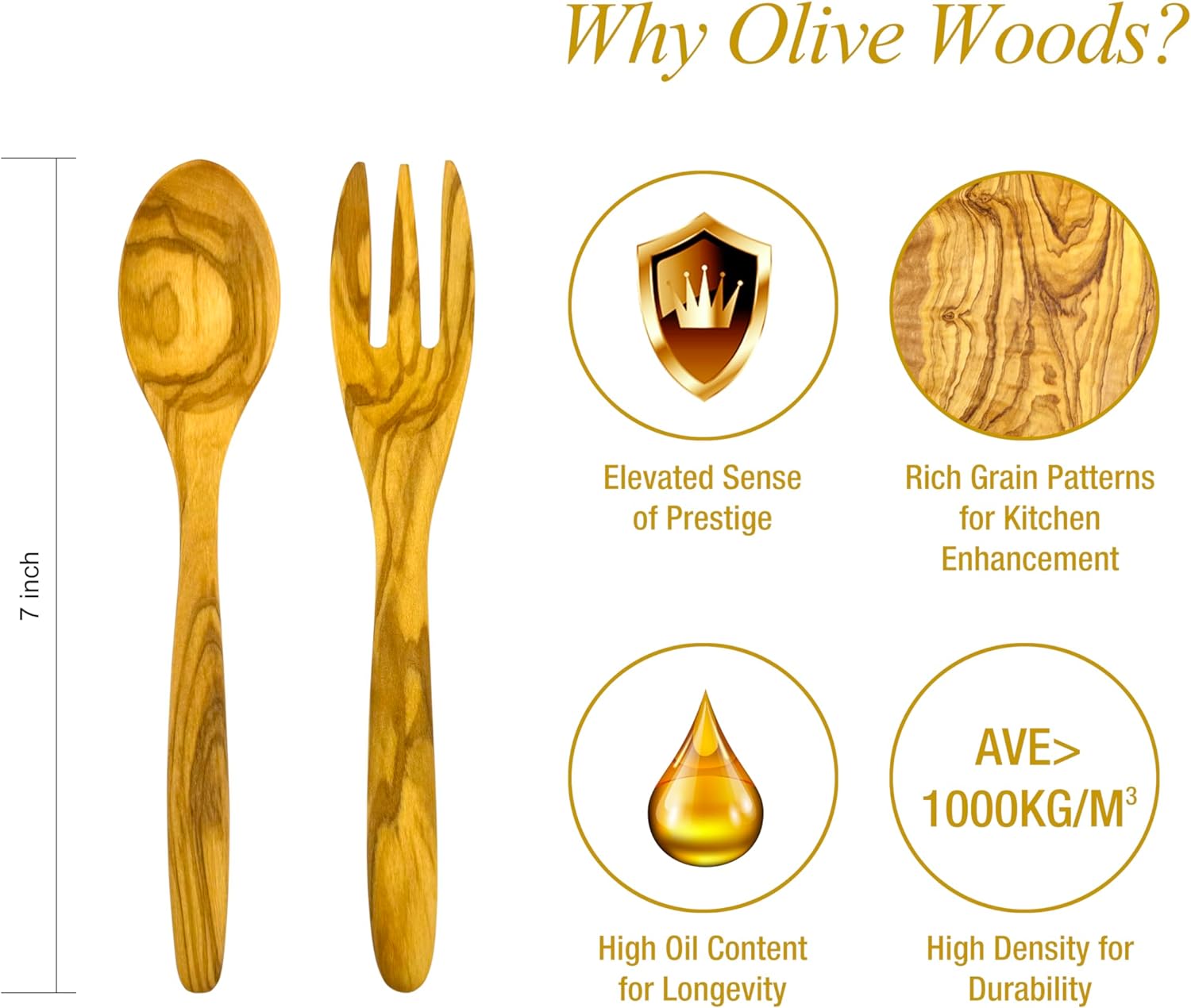TRA-100% Natural Olive Wood Spoon Fork Set, 7 Inch Wooden Utensil Set ...