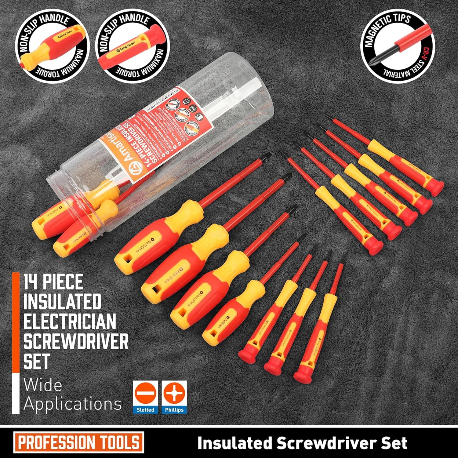 TRA-1000V Insulated Electrician Screwdriver Set 14-Piece, Professional ...