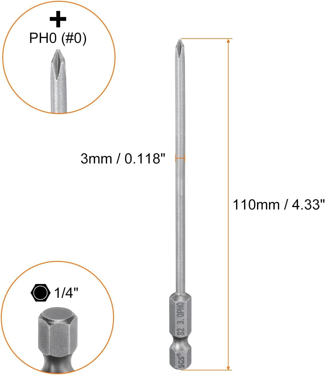TRA-10pcs #0 Phillips Screwdriver Bit PH0 1/4" Hex Shank 4.33" (110mm ...