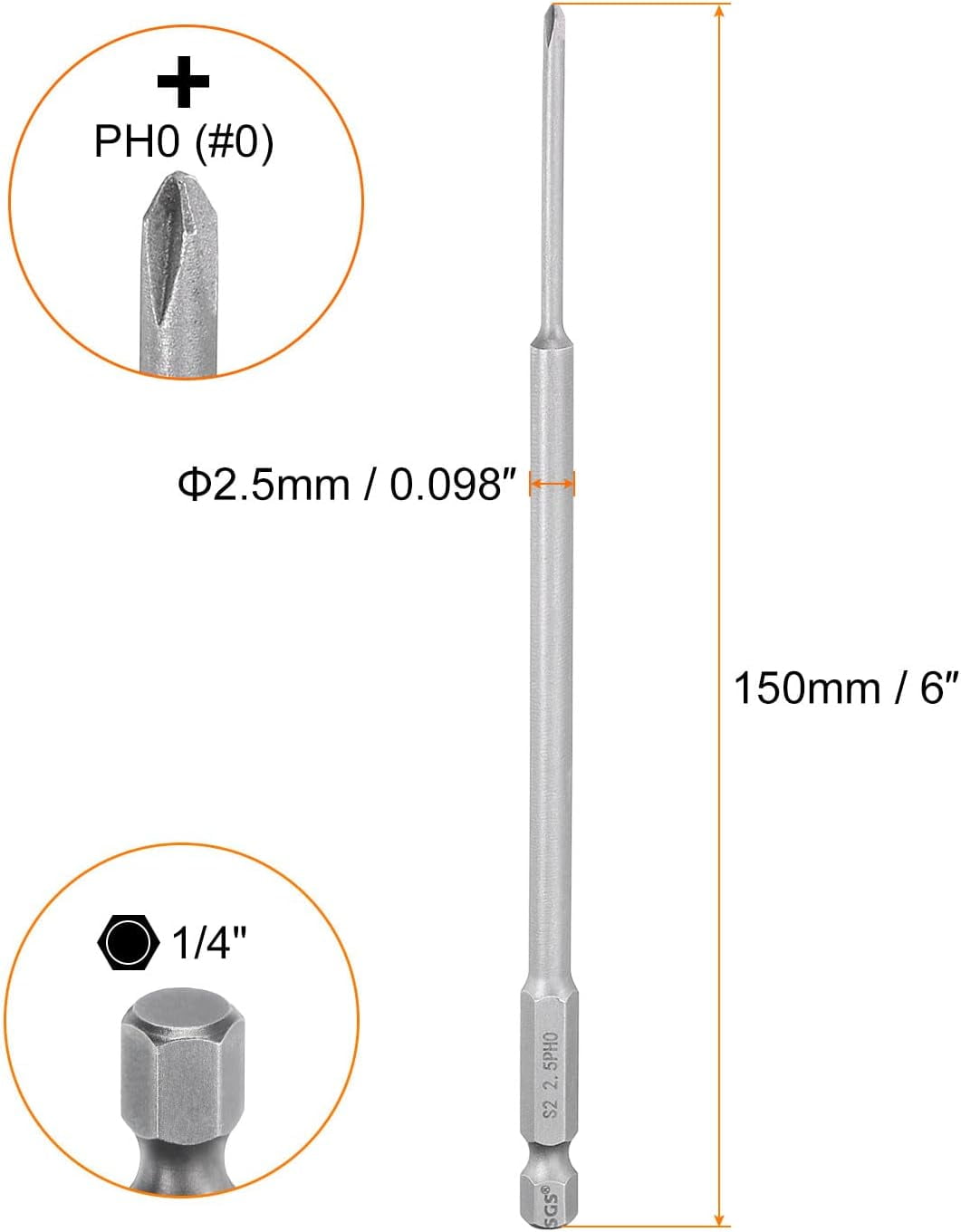 TRA-10pcs #0 Phillips Screwdriver Bit PH0 1/4" Hex Shank 6" (150mm ...