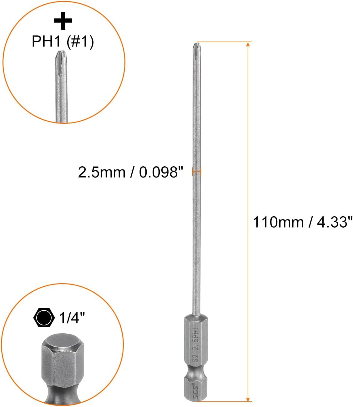 TRA-10pcs #1 Phillips Screwdriver Bit PH1 1/4" Hex Shank 4.33" (110mm ...