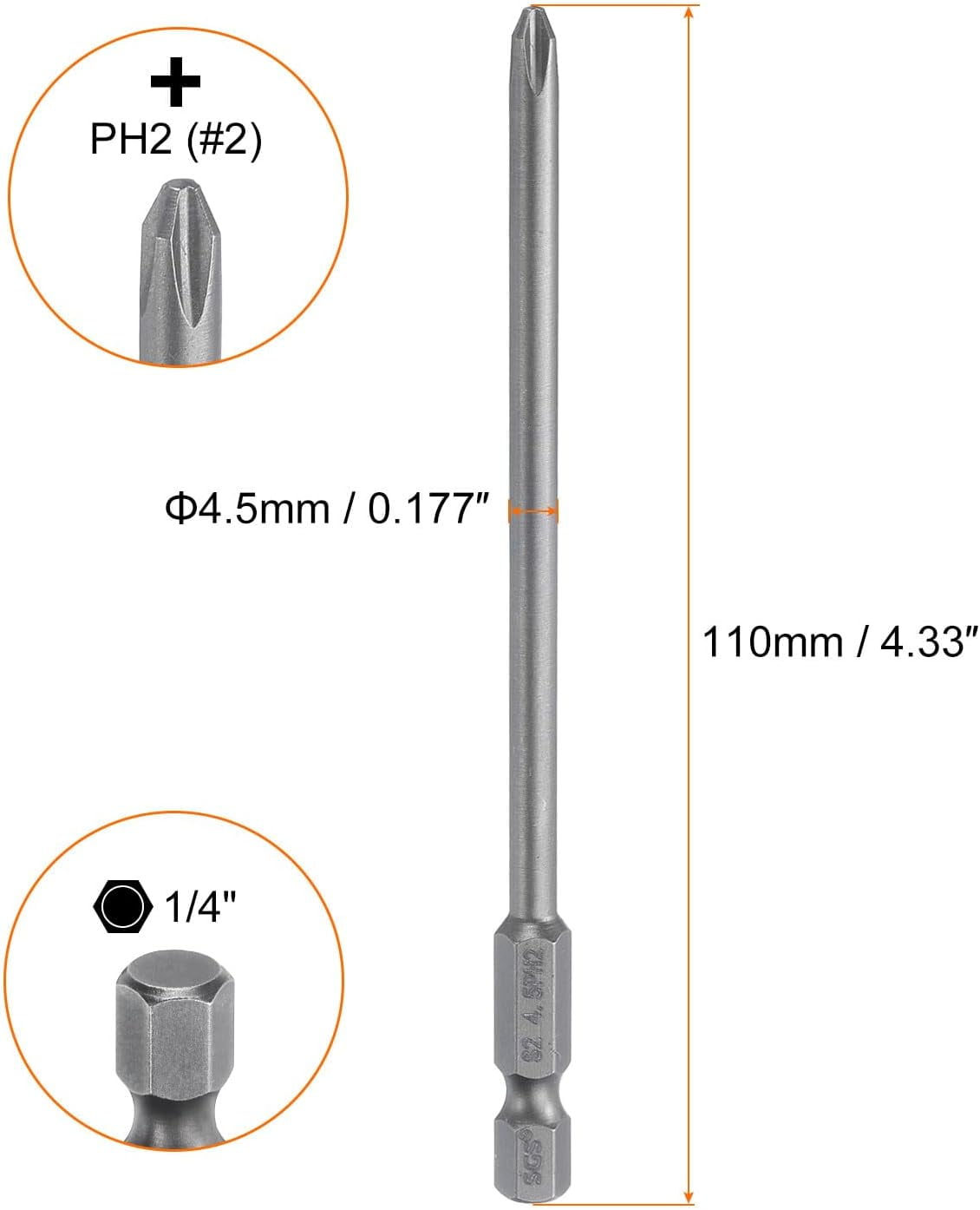TRA-10pcs #2 Phillips Screwdriver Bit PH2 1/4" Hex Shank 4.33" (110mm ...